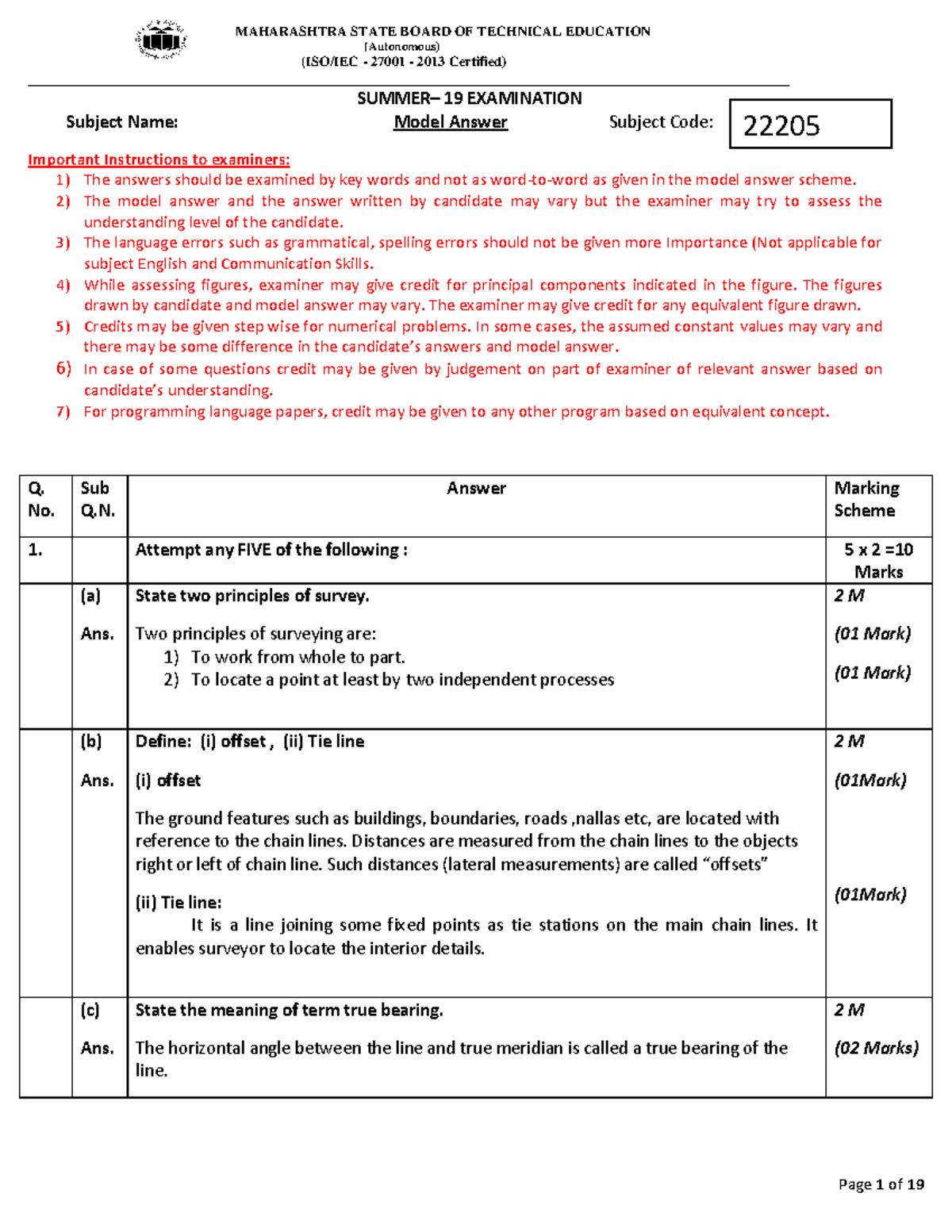 Basic Surveying 22205 Model Answers Summer 2019 - (Autonomous) (ISO/IEC ...