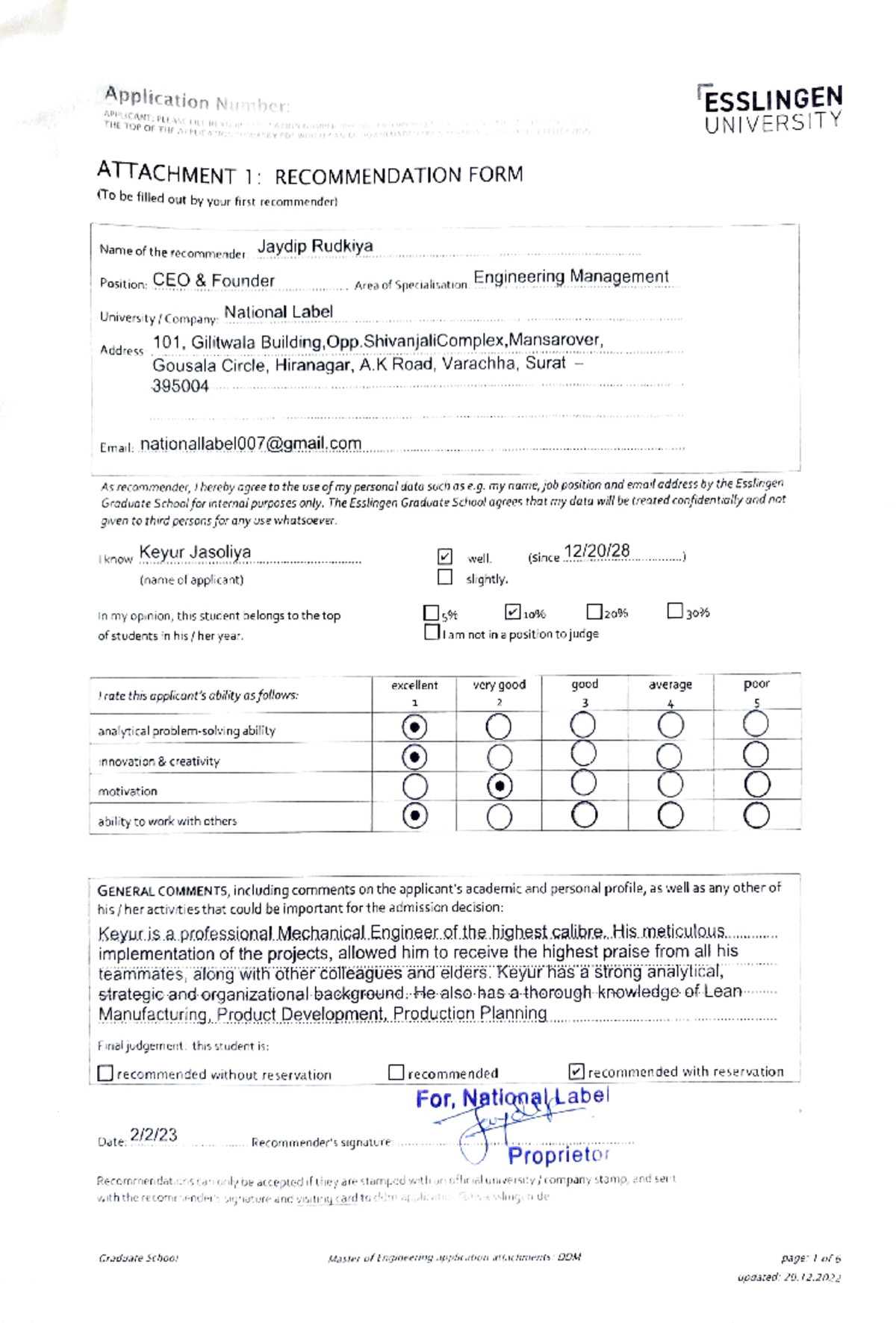 1 - Study - ESSLINGEN UNIVERSITY Application Number: APPLICANT; PLEASHL ...