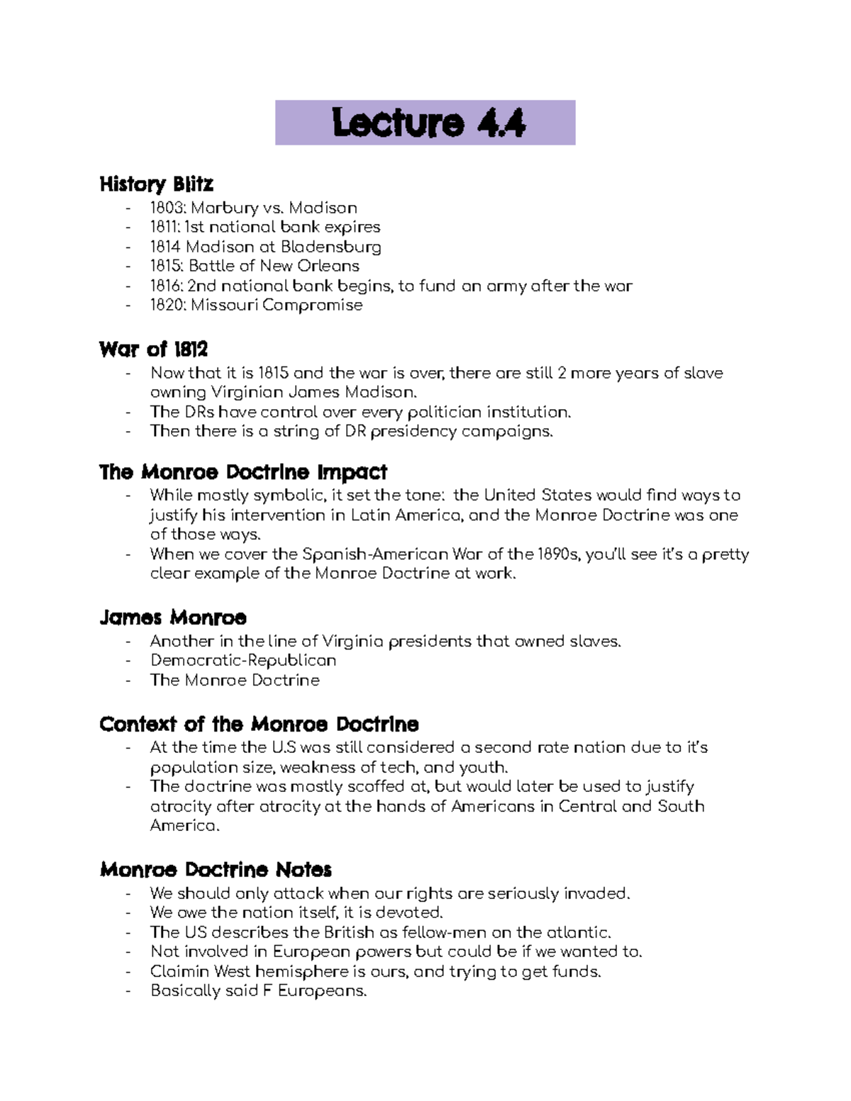 Lecture 4 - APUSH notes - Lecture 4.. History Blitz - 1803: Marbury vs ...