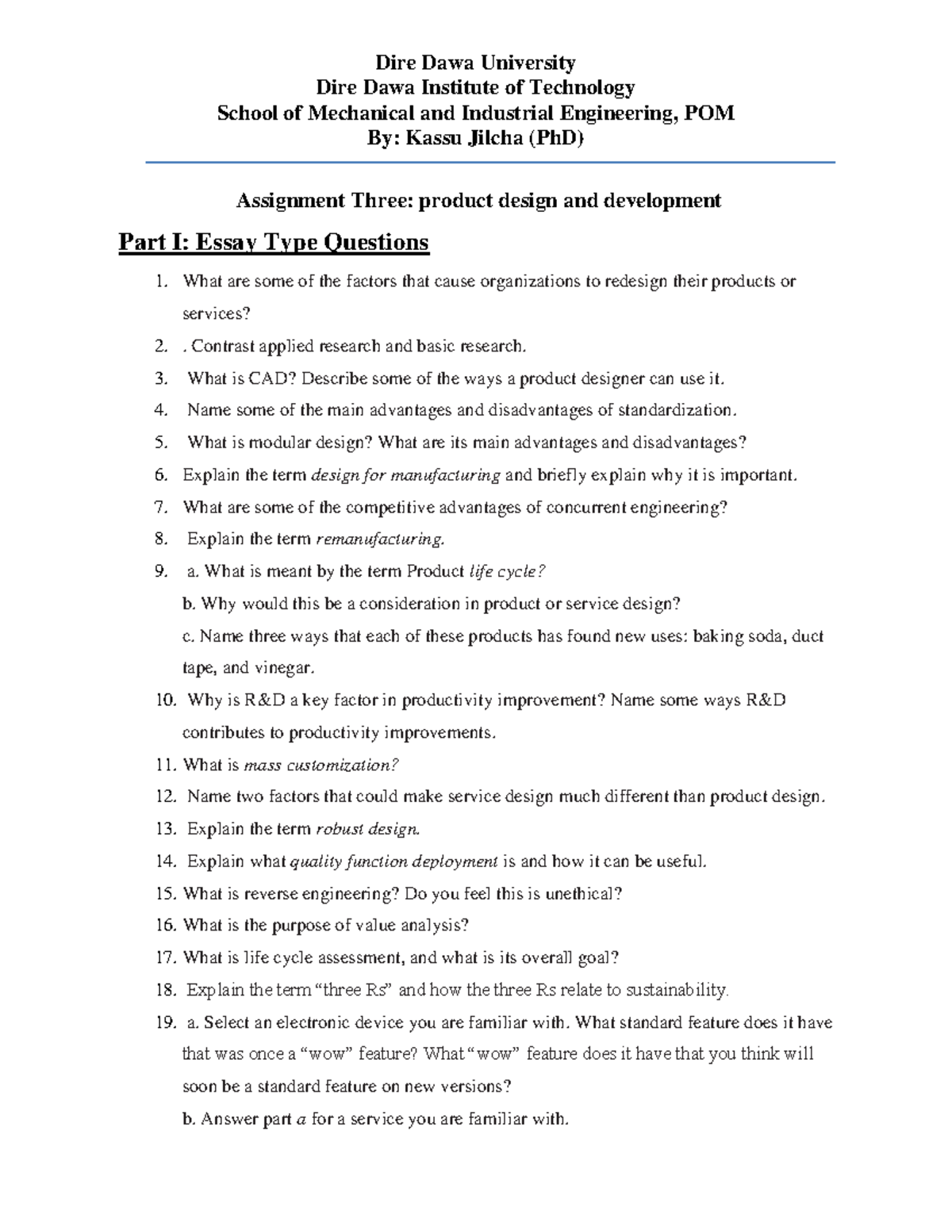Assignment 3 Product design and development - Dire Dawa University Dire ...