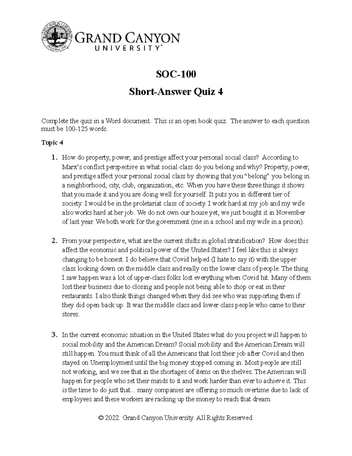 SOC-100 - Short-Answer Quiz 4 - SOC- Short-Answer Quiz 4 Complete the ...