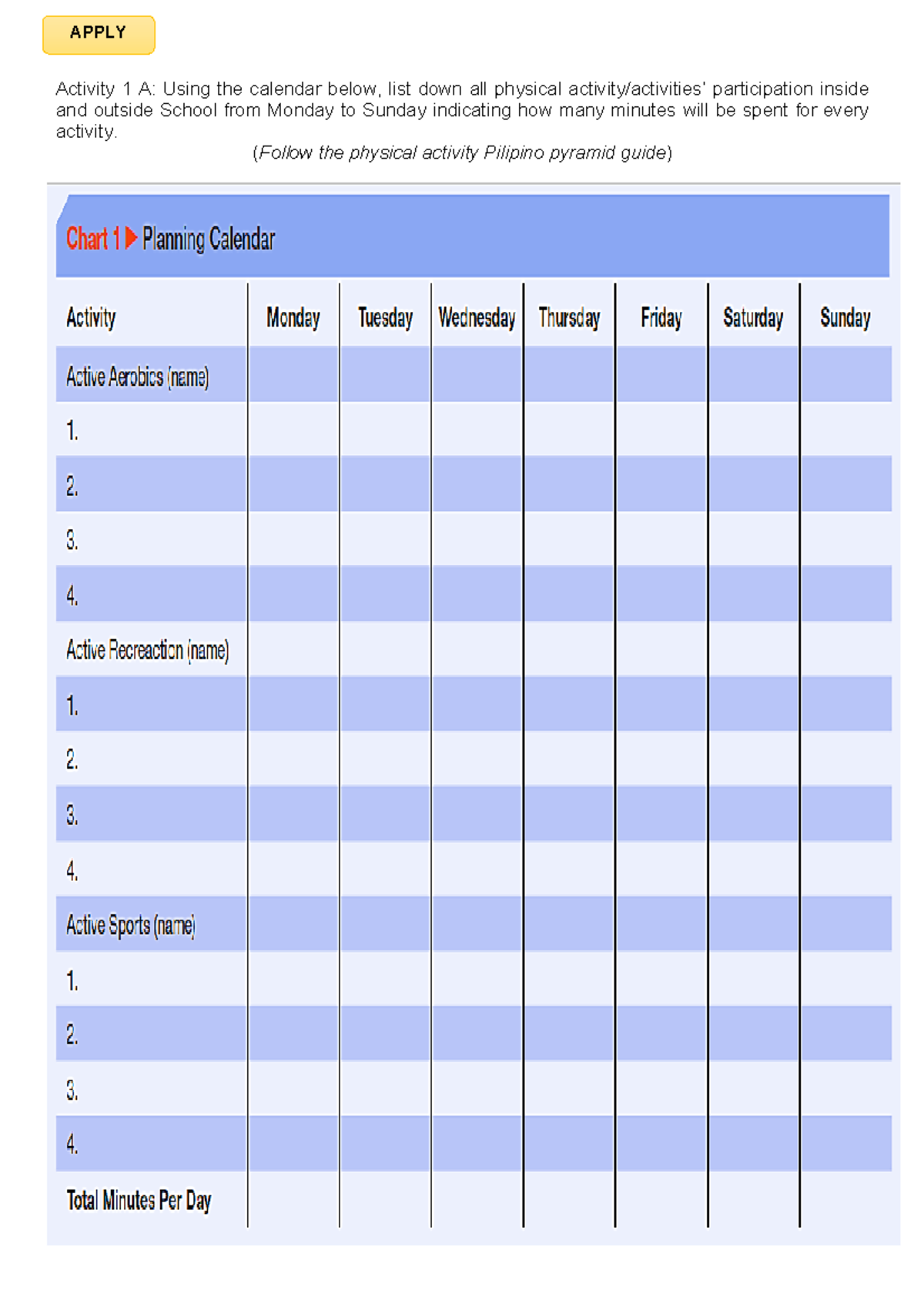 Calendar physical activities - Activity 1 A: Using the calendar below ...