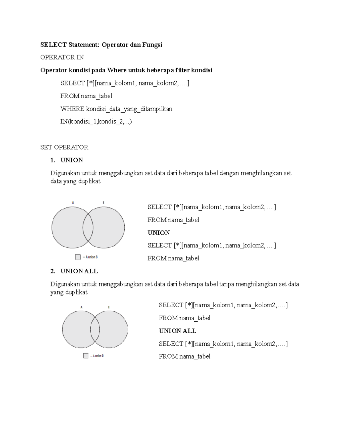 Operator dan Fungsi - SELECT Statement: Operator dan Fungsi OPERATOR IN ...