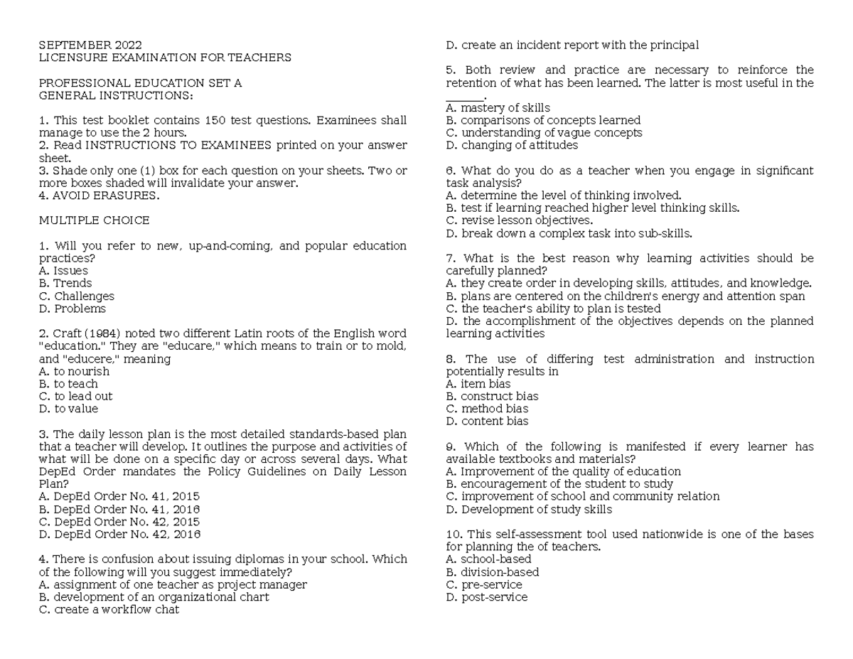 Profed SET A - SEPTEMBER 2022 LICENSURE EXAMINATION FOR TEACHERS ...