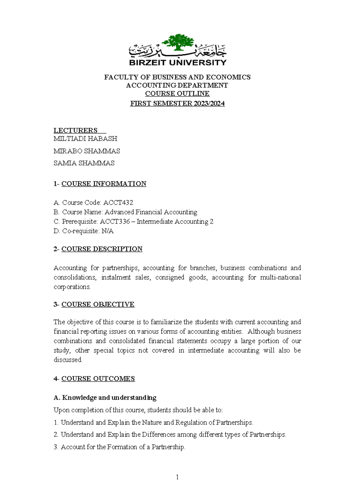 ACCT432+Course+Outline+-+1st+Semester+2023-2024 - FACULTY OF BUSINESS ...