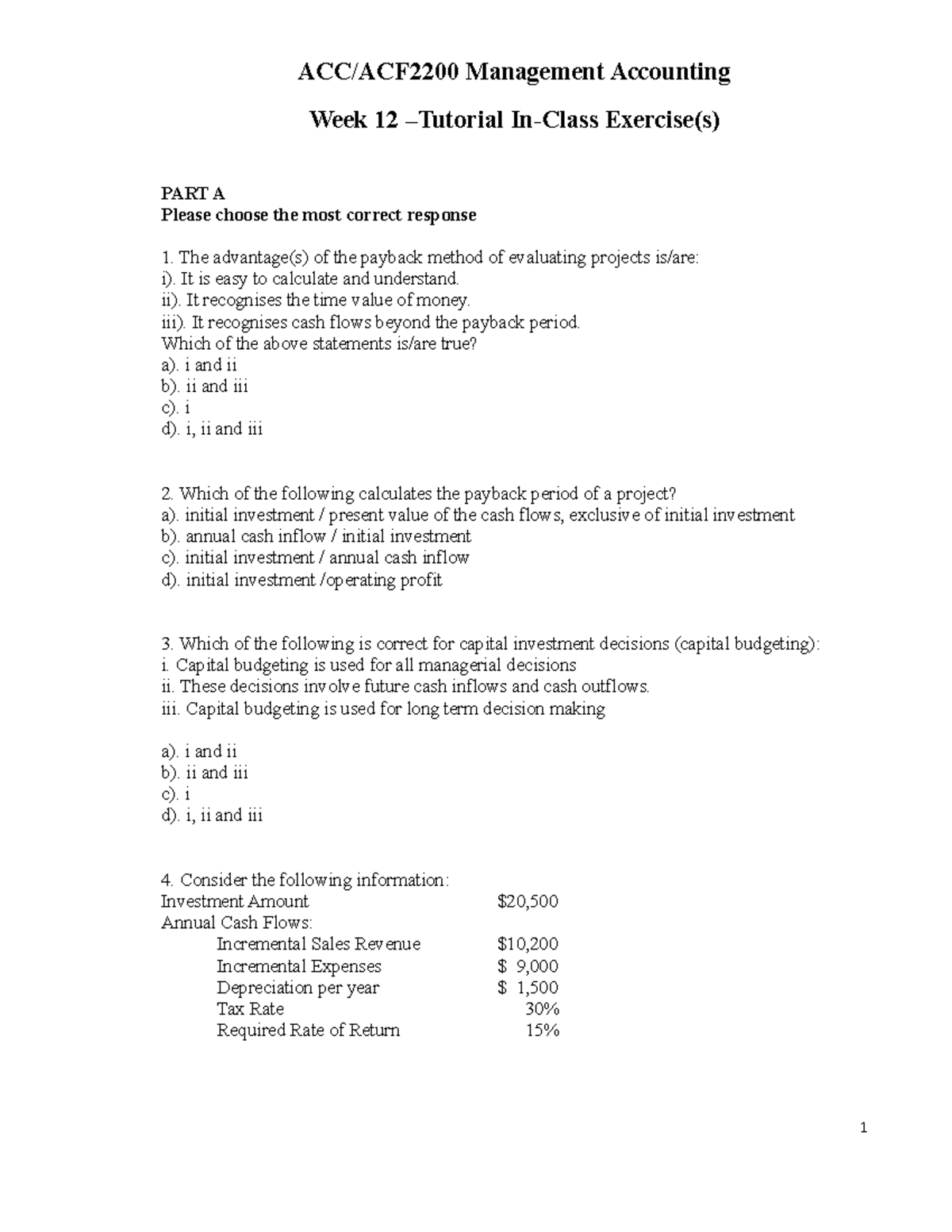 Tutorial Inclass Questions Week 12 - ACC/ACF2200 Management Accounting ...