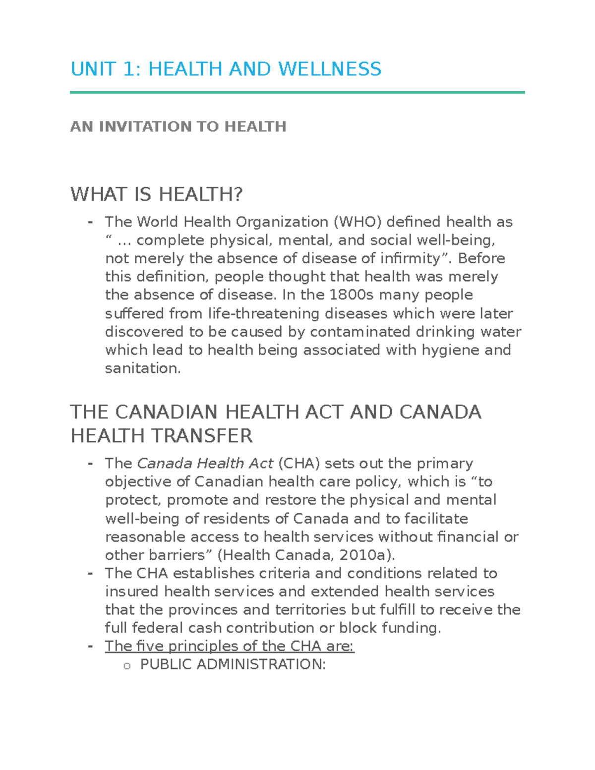 Health Studies 200-Unit 1-Study Notea - UNIT 1: HEALTH AND WELLNESS AN ...