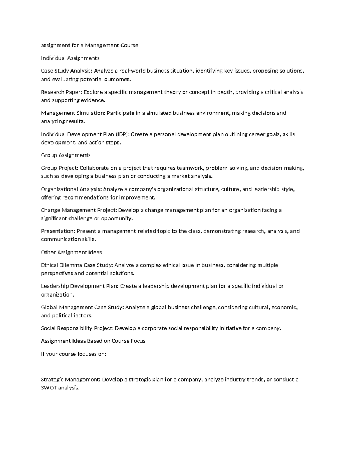Assignment for a Management Course - assignment for a Management Course Individual Assignments ...
