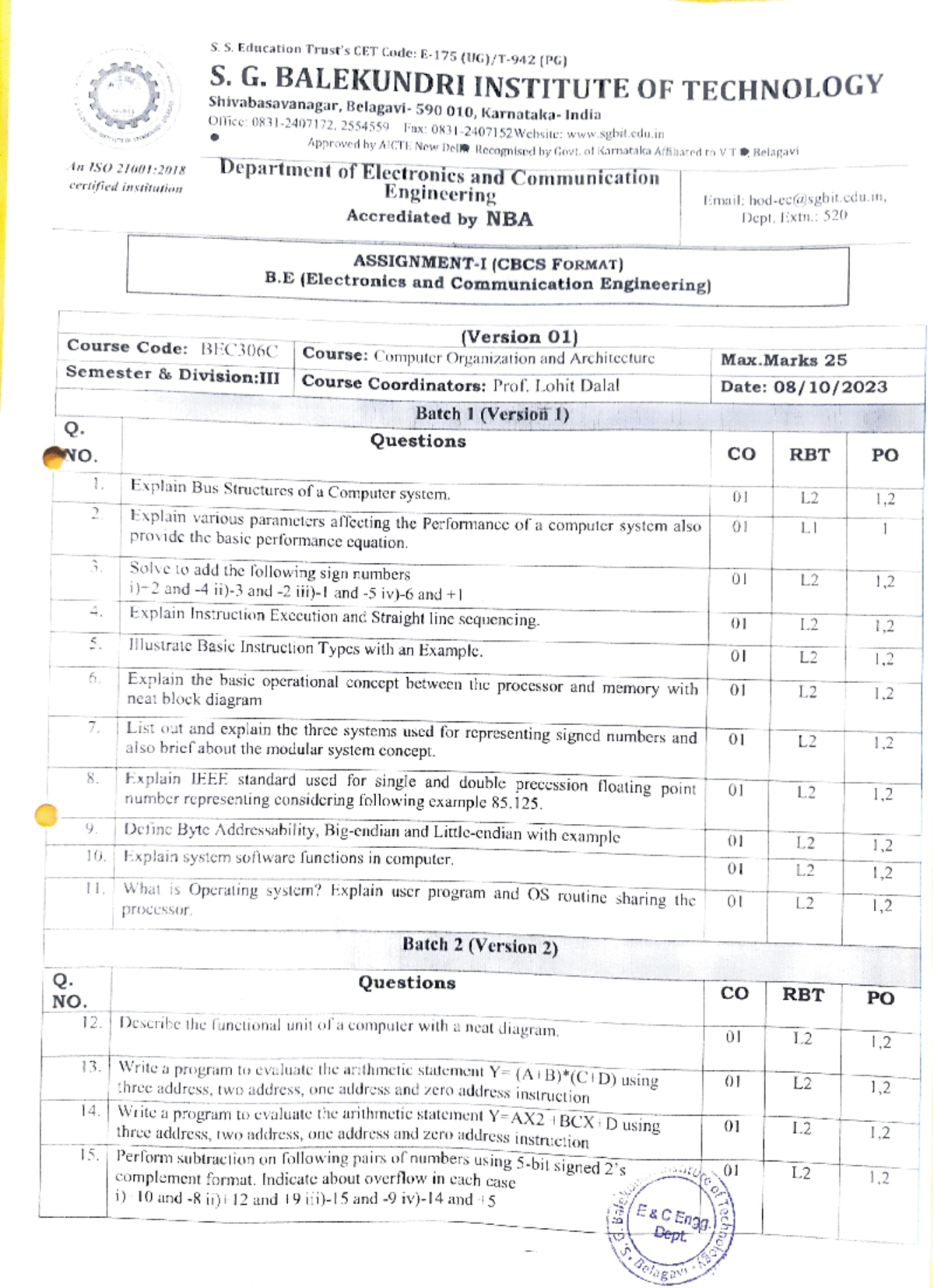 COA Assignment 01 - Important coa questions - An IS021001: certified ...