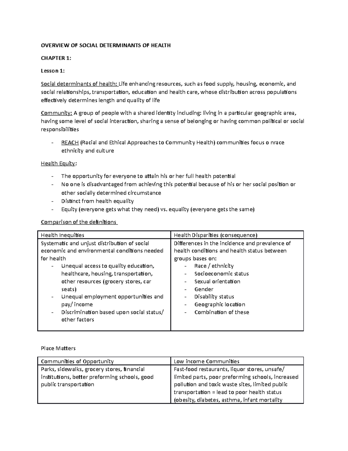Chapter 1 Notes - OVERVIEW OF SOCIAL DETERMINANTS OF HEALTH CHAPTER 1 ...