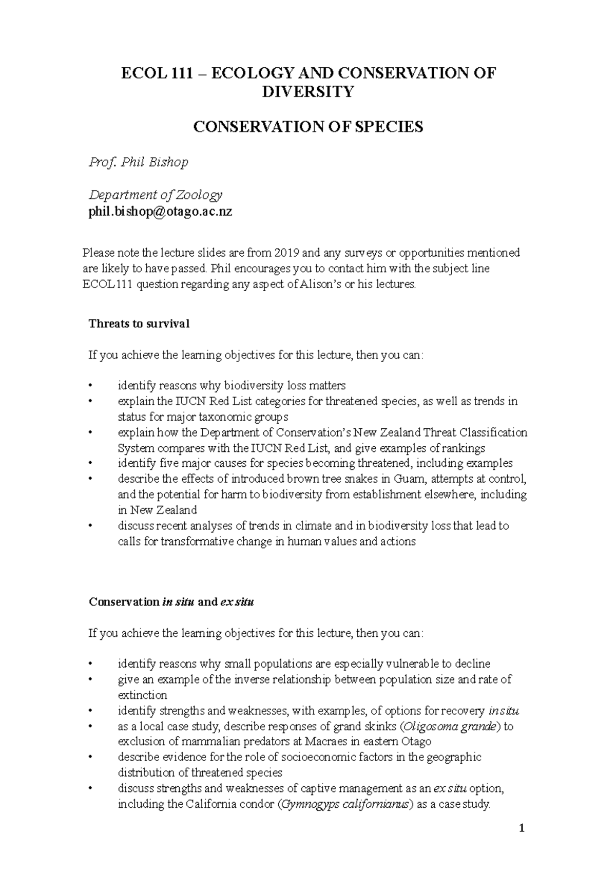 Lectures 32 to 35 Learning objectives (Ecol111) - 1 ECOL 111 – ECOLOGY ...