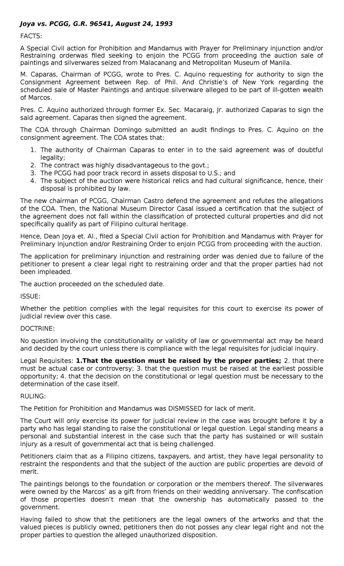 Constitutional Law 1 - Joya vs. PCGG, G. 96541, August 24, 1993 FACTS ...
