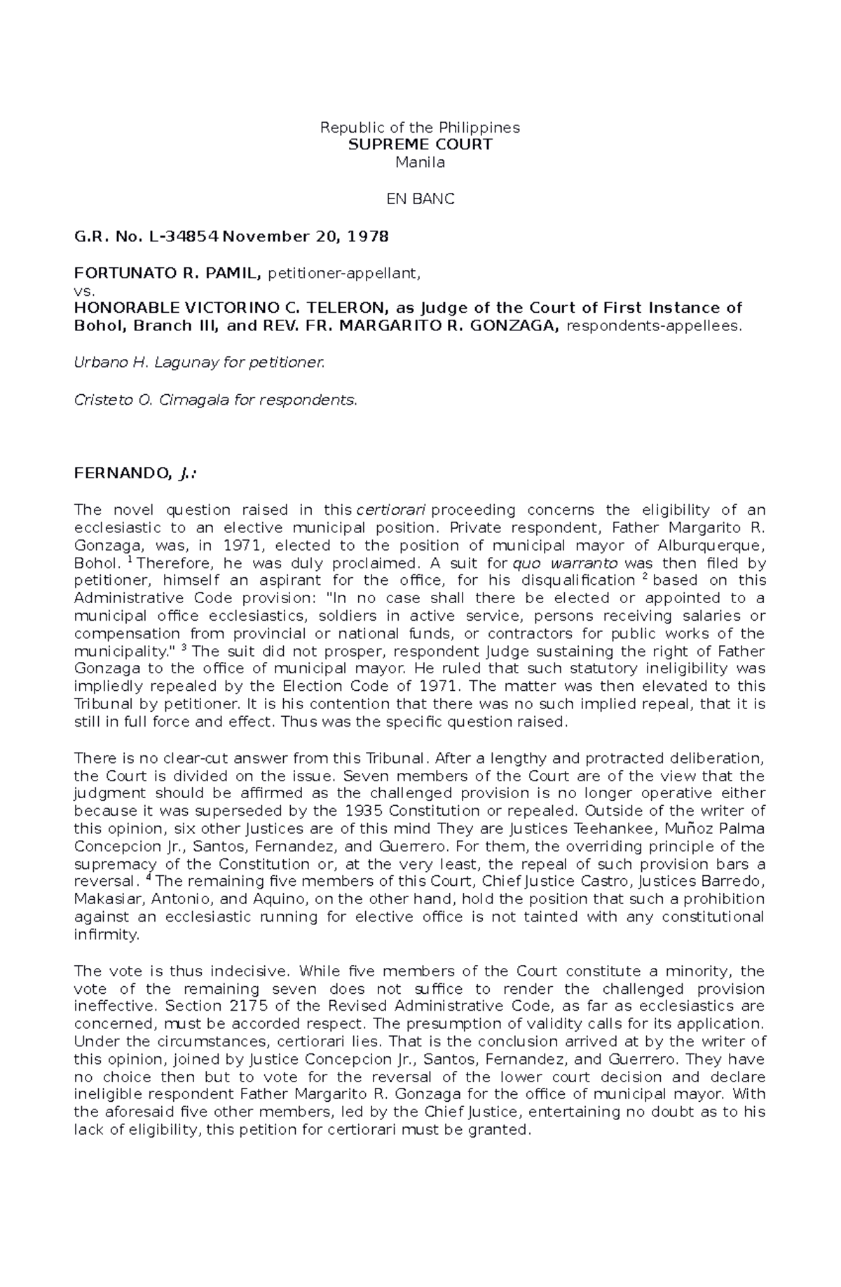 Pamil v Teleron - Mutuc v Comelec sawge torts and damages - Republic of ...