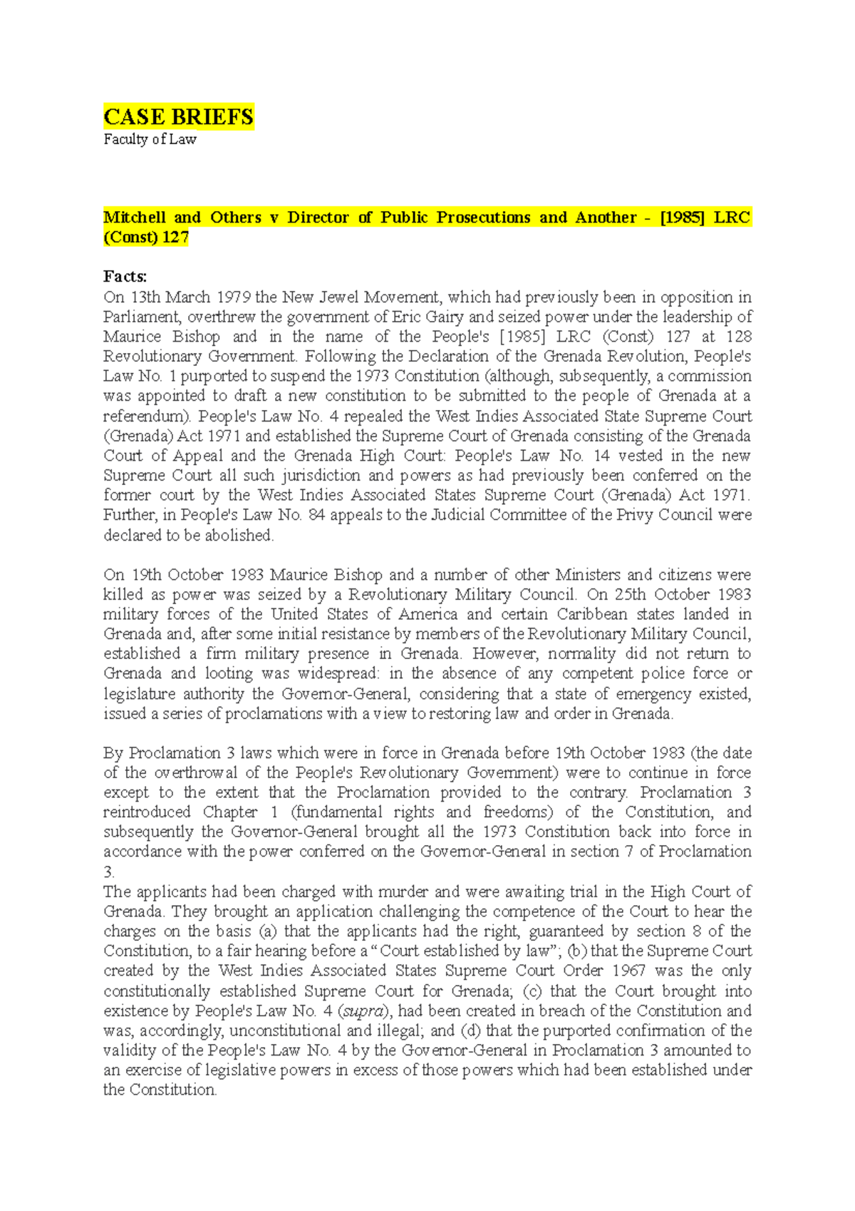 CASE Briefs - case summaries - CASE BRIEFS Faculty of Law Mitchell and ...