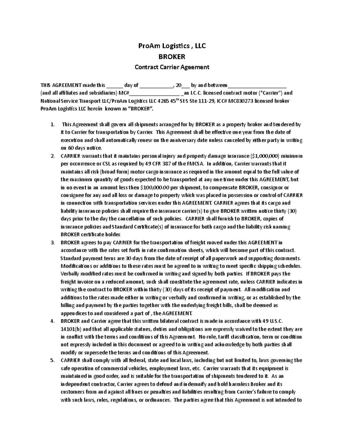 Proam-carrier-contract - ProAm Logistics , LLC BROKER Contract Carrier ...