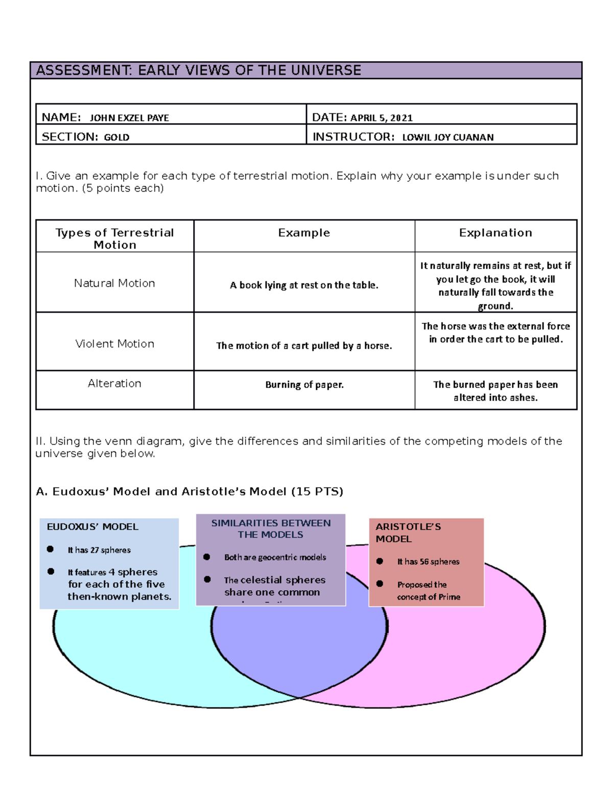 Paye Activity Sheet Early Views of the Universe - ASSESSMENT: EARLY ...