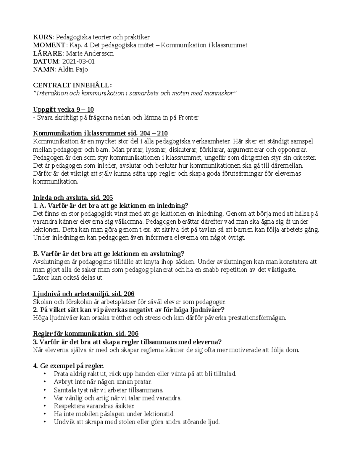 Kap 4 Det Pedagogiska Mötet Kommunikation I Klassrummet Kurs