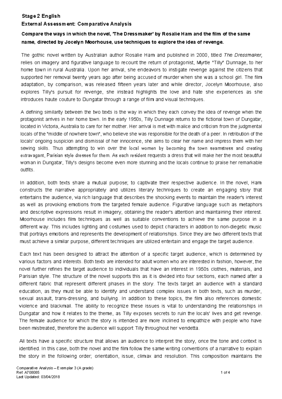 Exemplar 3 (A grade) - asdasd - Stage 2 English External Assessment: Comparative Analysis ...