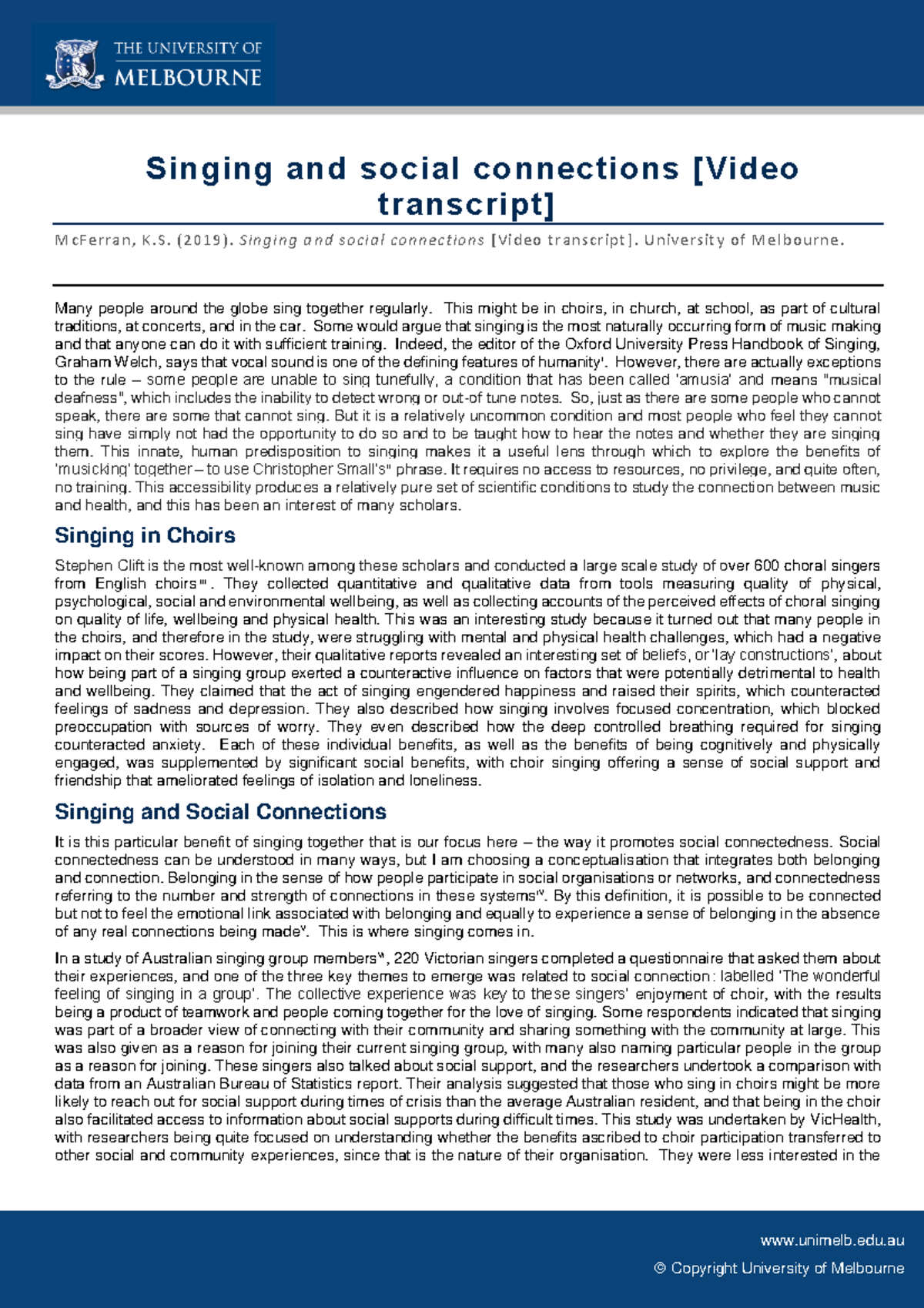 MUSI2015 0 Singing and social connections - Video transcript - - StuDocu