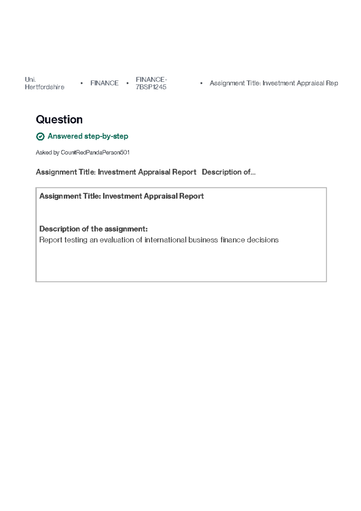 Investment Appraisal Report - Uni. Hertfordshire • FINANCE • FINANCE ...