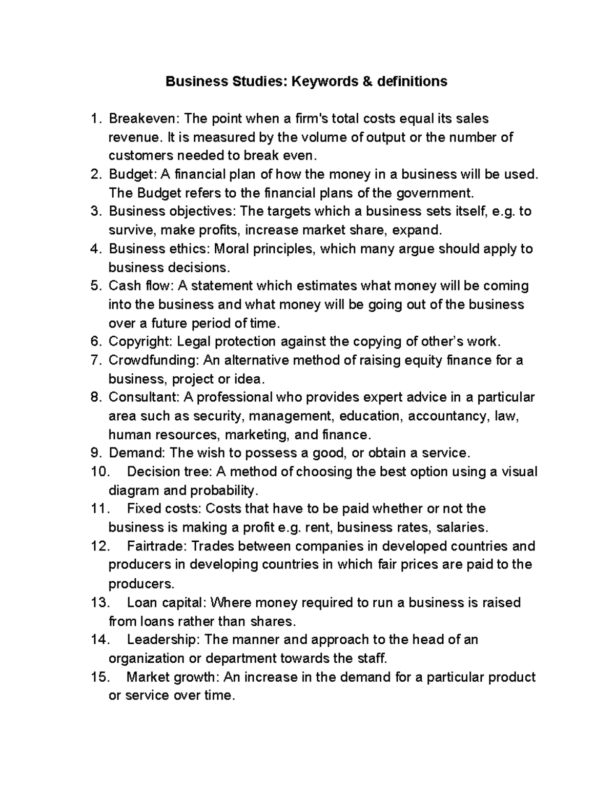 Business studies key words and Q&A - Business Studies: Keywords ...