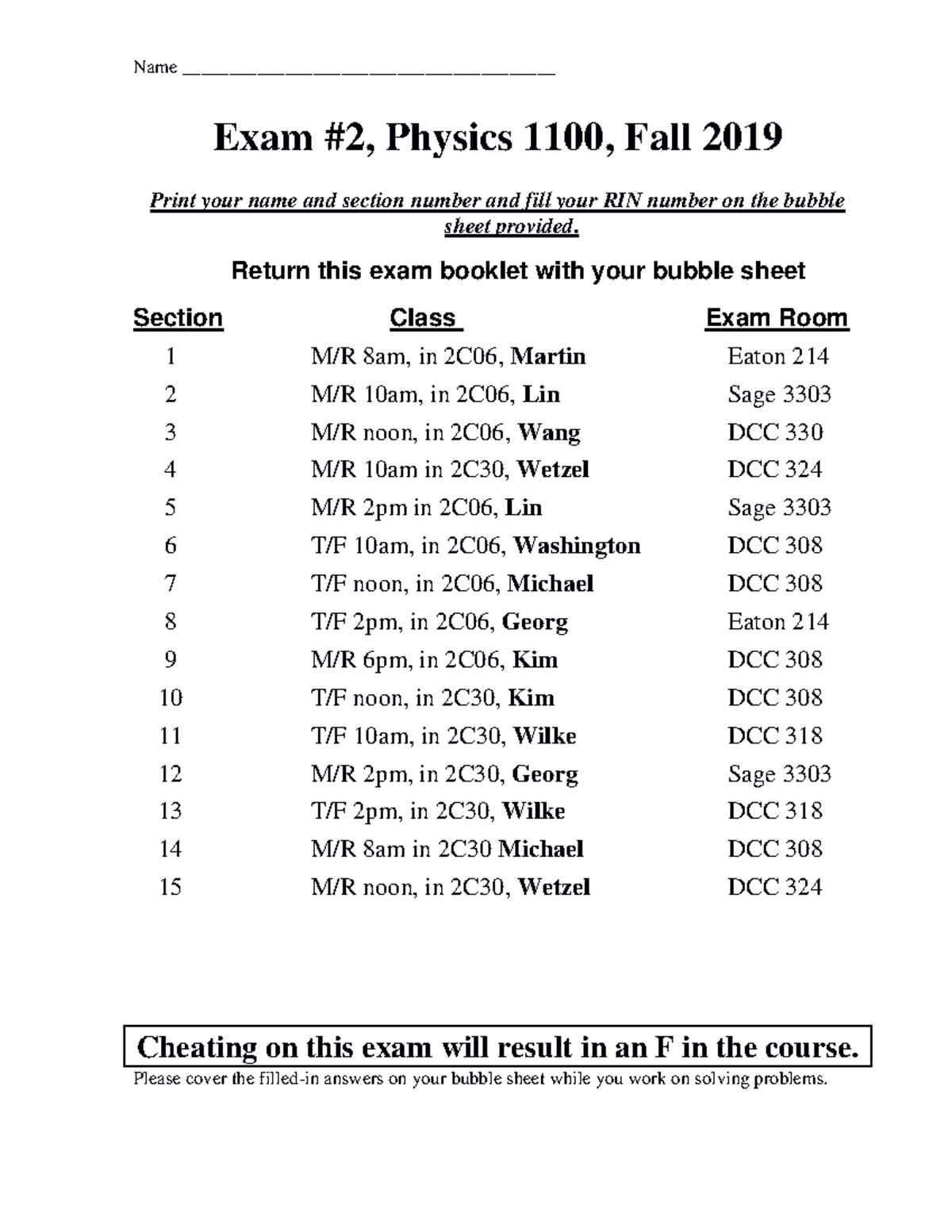 Exam2-F19 with keys - Back exam - Name ...