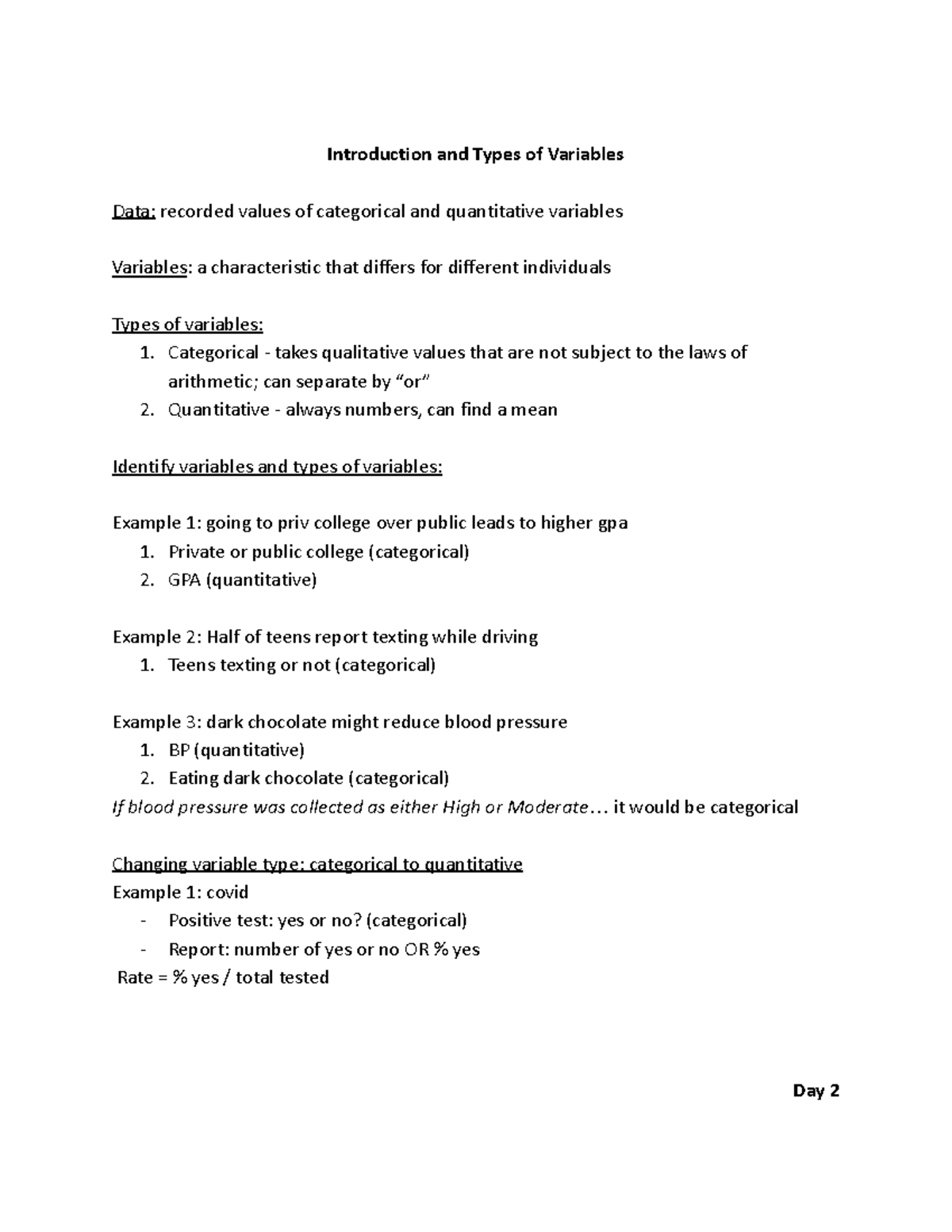 Stat notes week 1 (8 29-9 2) - Introduction and Types of Variables Data ...