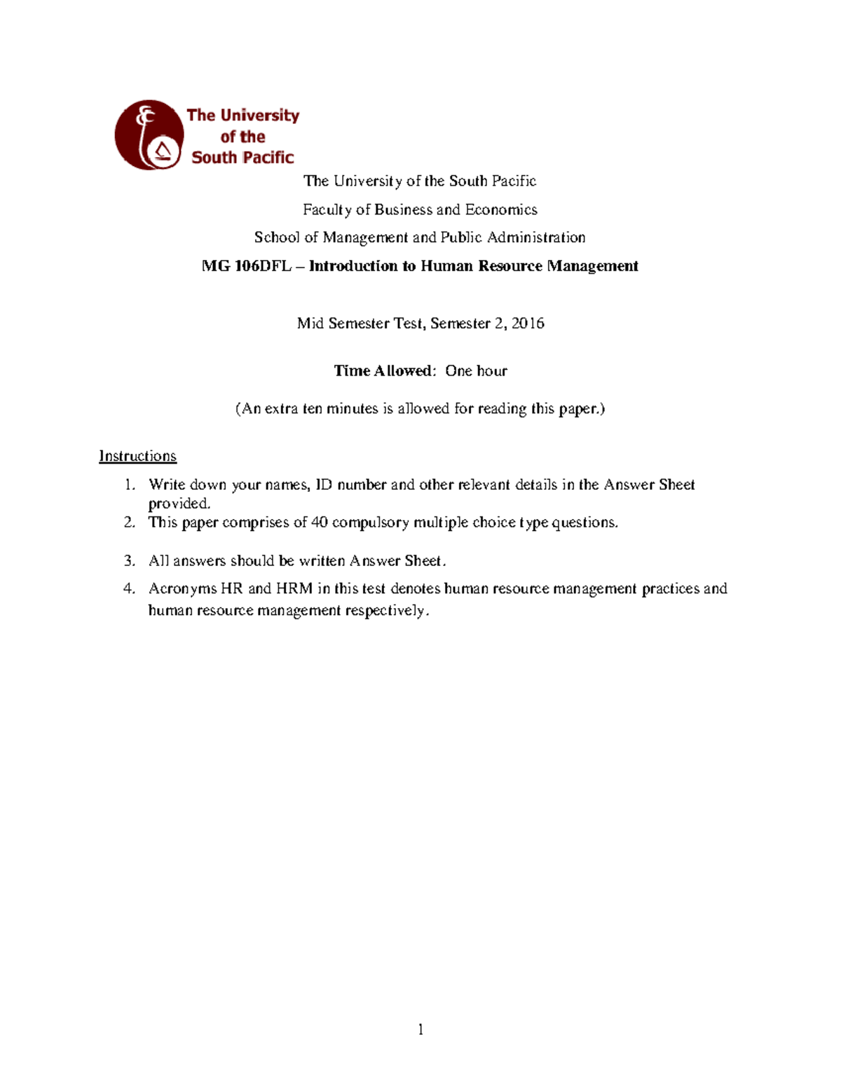 MST question paper , s2 2016 - The University of the South Pacific ...