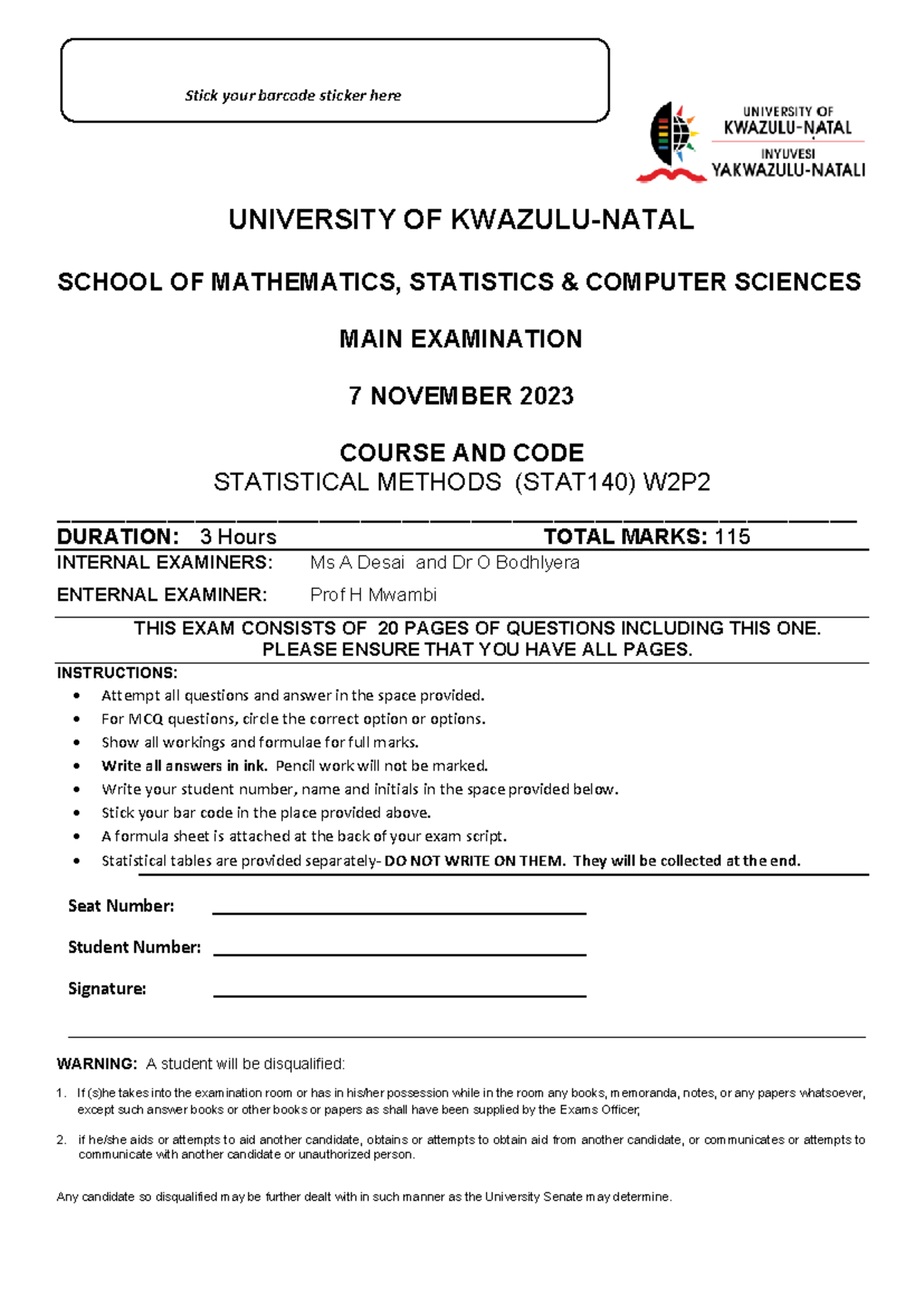 STAT140 Main Exam Paper 2023 - UNIVERSITY OF KWAZULU-NATAL SCHOOL OF MATHEMATICS, STATISTICS ...