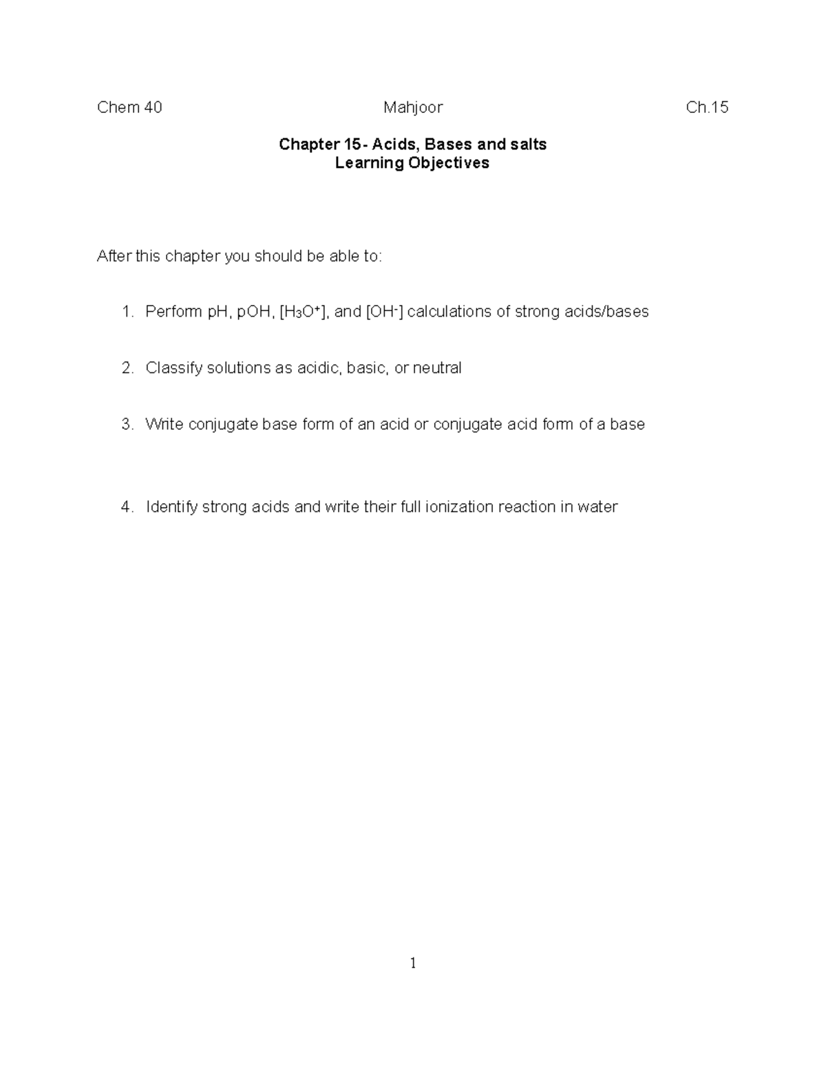 HW 15: Acids, Bases, and Salts - Chapter 15- Acids, Bases and salts ...