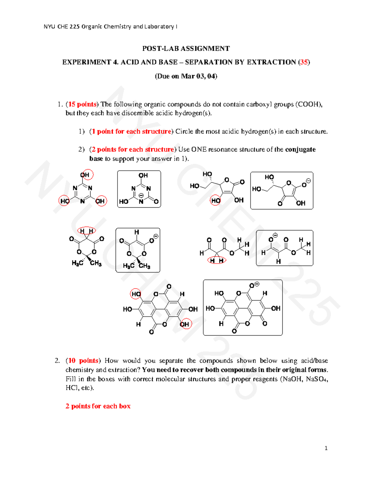 Exp4Acid Base Separation by Extraction Postlab Key - Copy - NYU CHEM 225 NYU CHEM 225 NYU CHE ...