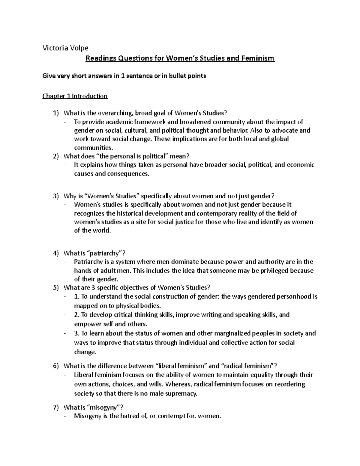 Chapter 1 Questions - Victoria Volpe Readings Questions for Studies and ...