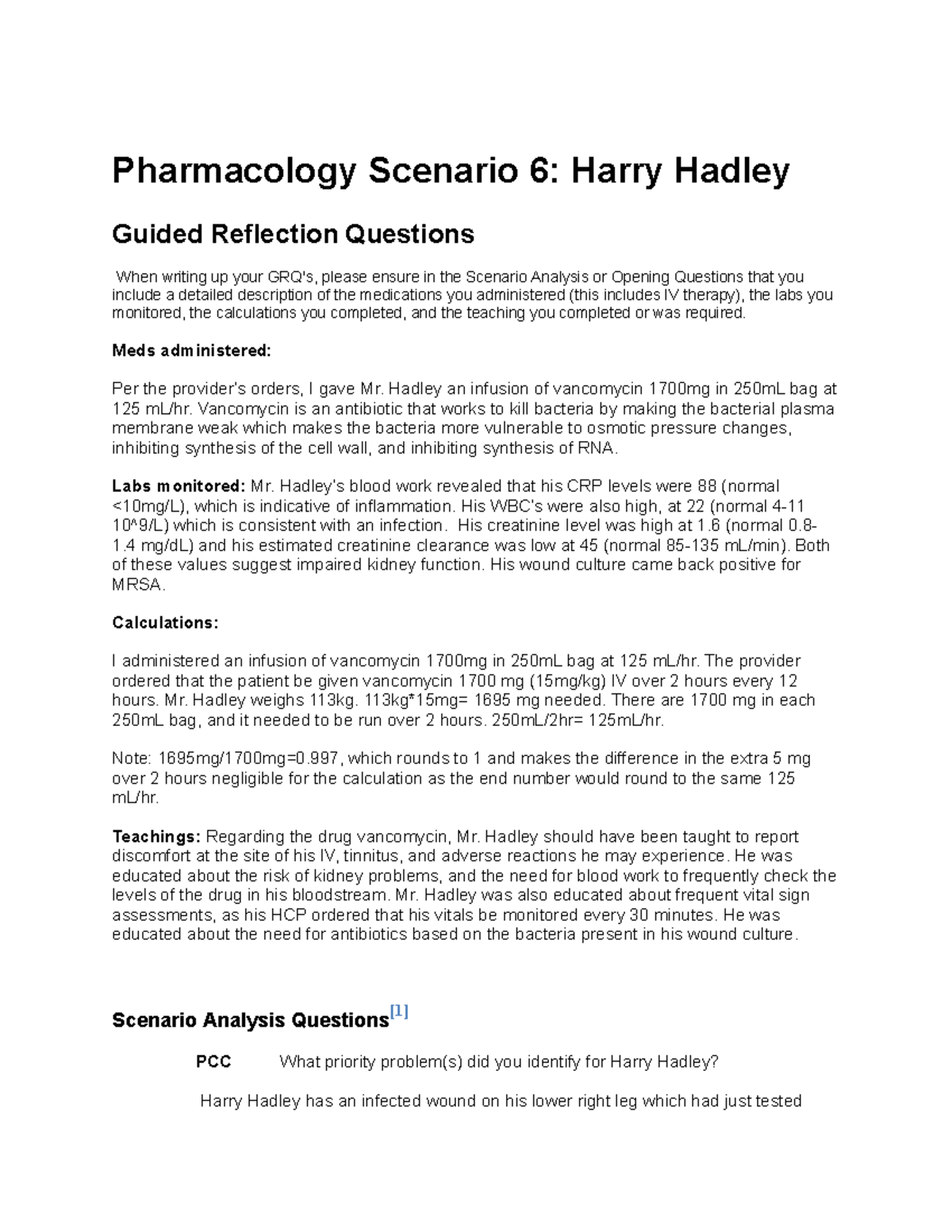 Harry hadley vsim - VSIM with answers - Pharmacology Scenario 6: Harry ...