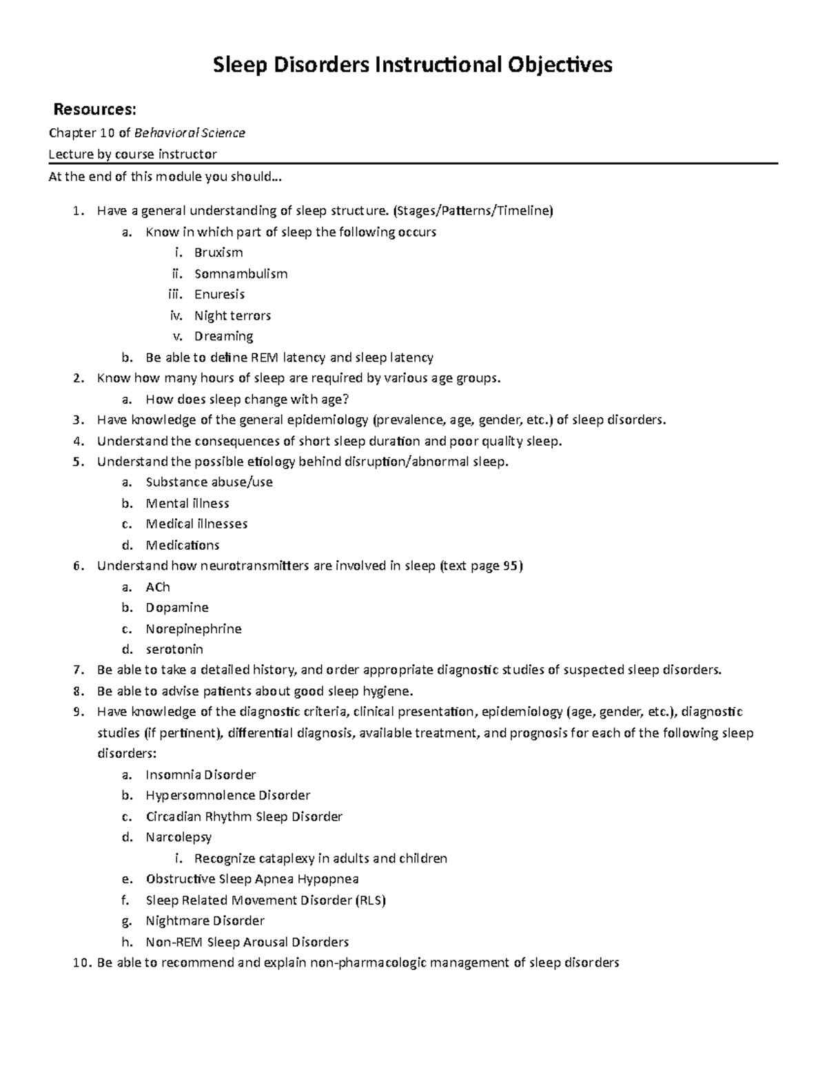 Sleep Disorders Objectives - Sleep Disorders Instructional Objectives ...