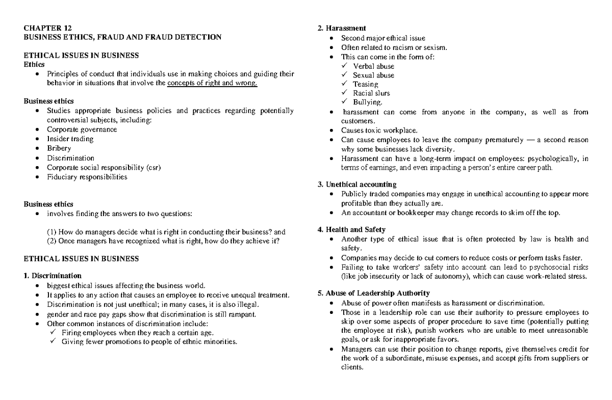 Business Ethics Fraud AND Fraud Detection - CHAPTER 12 BUSINESS ETHICS ...