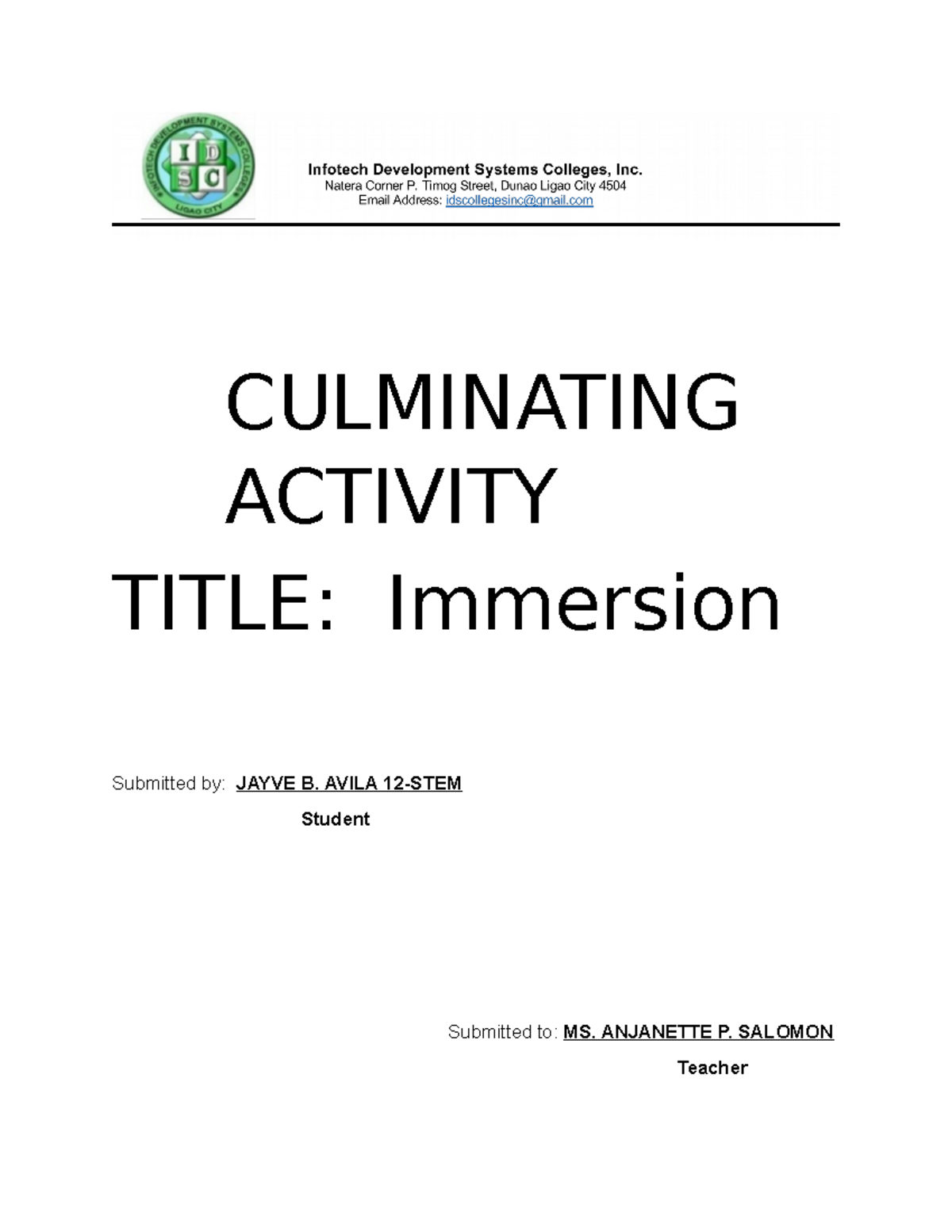 Culminating- Activity jayve - CULMINATING ACTIVITY TITLE: Immersion ...