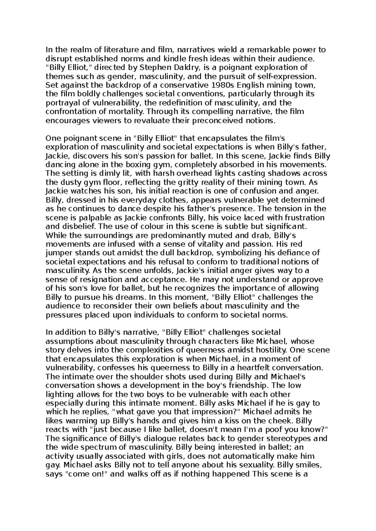 Billy Elliot Essay - In the realm of literature and film, narratives ...