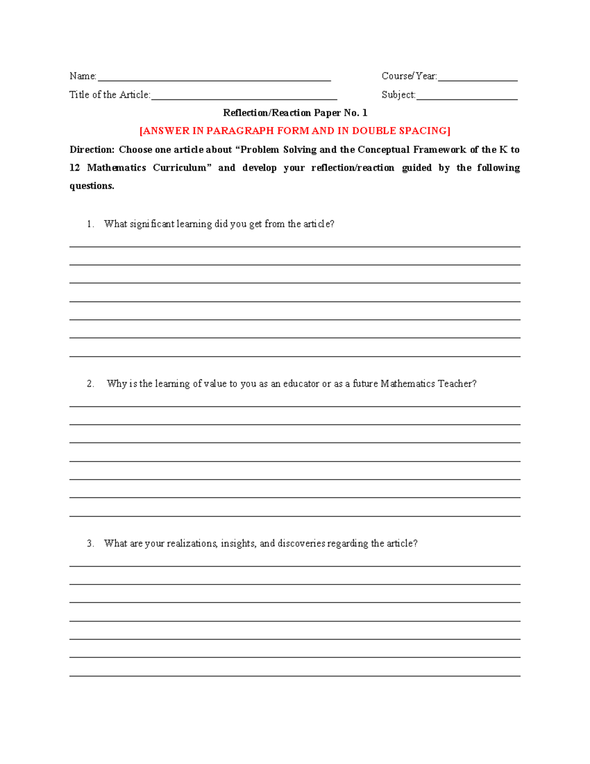 Reflection Reaction- Paper-no - Name ...