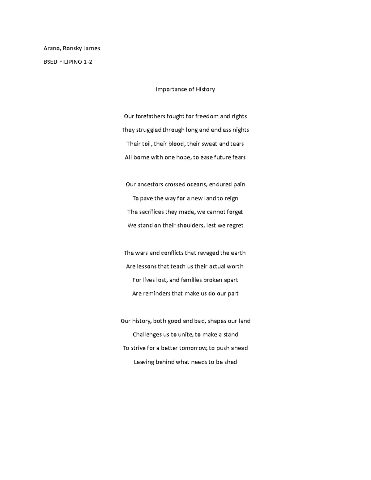 GE 5 Poem - importance of history - Arano, Ronsky James BSED FILIPINO 1 ...