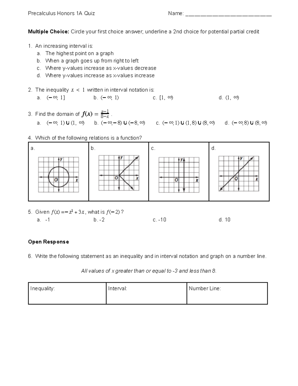Unit 1A Quiz- Version 3 - Google Docs - Precalculus Honors 1A Quiz Name ...