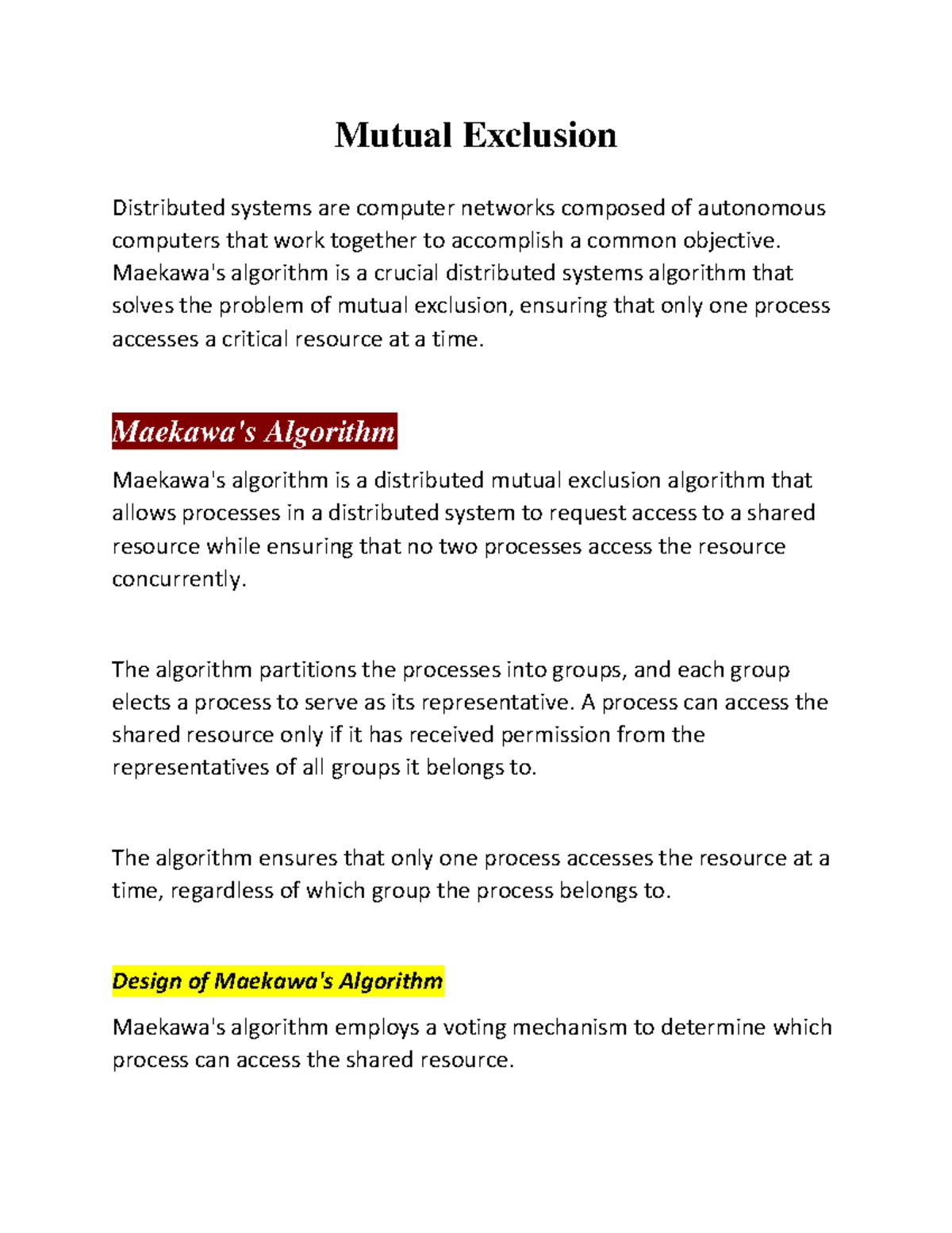 Mutual Exclusion - Maekawa's Algorithm - Mutual Exclusion Distributed systems are computer ...