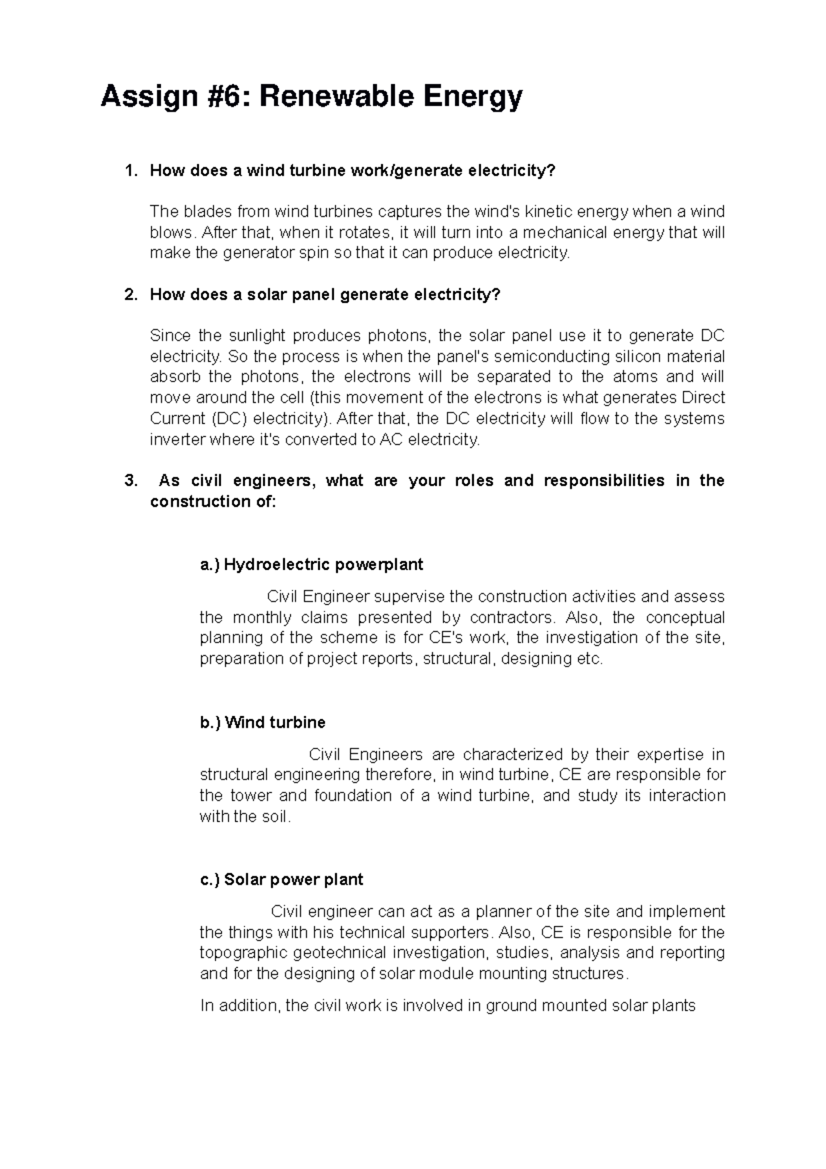 Assignment 6 Renewable Energy - Assign #6: Renewable Energy 1. How does ...
