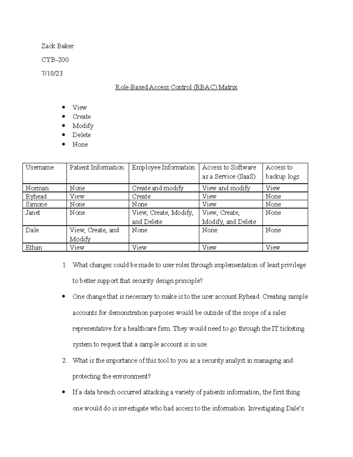 4-3 RBAC - 4-3 RBAC Project - Zack Baker CYB- 7/18/ Role-Based Access ...