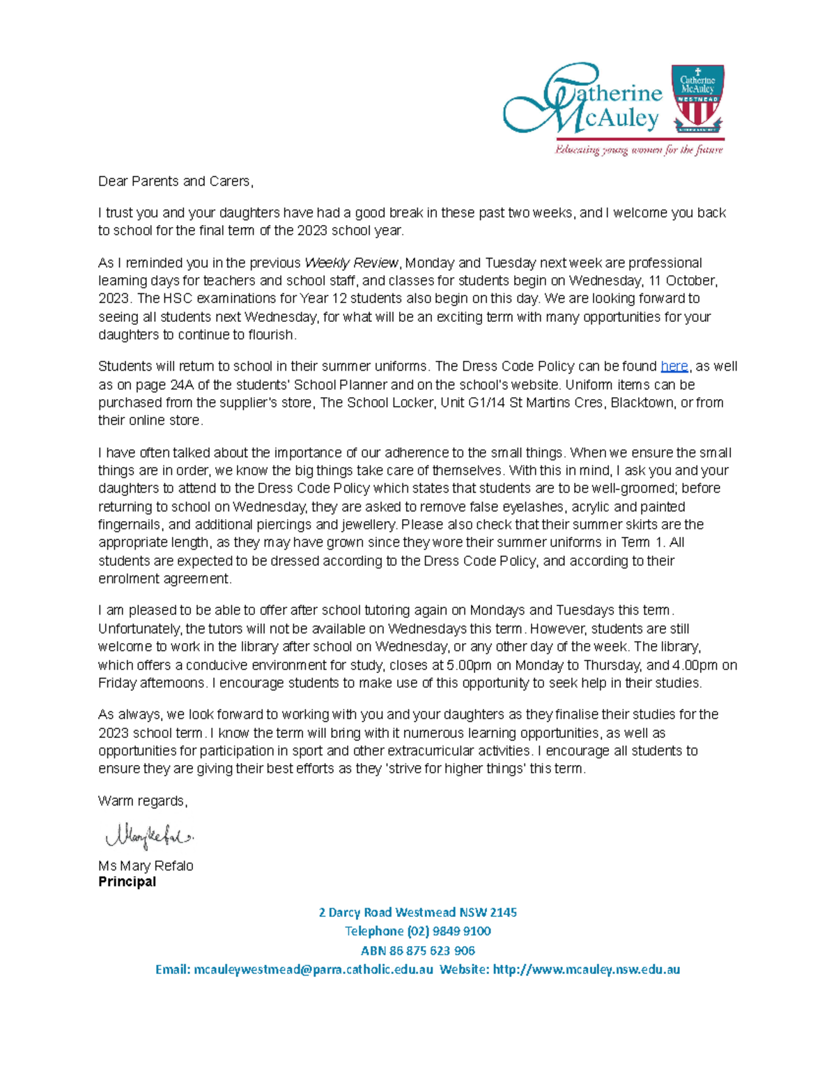 061023 Letter to Parents and Carers - Dear Parents and Carers, I trust you and your daughters ...