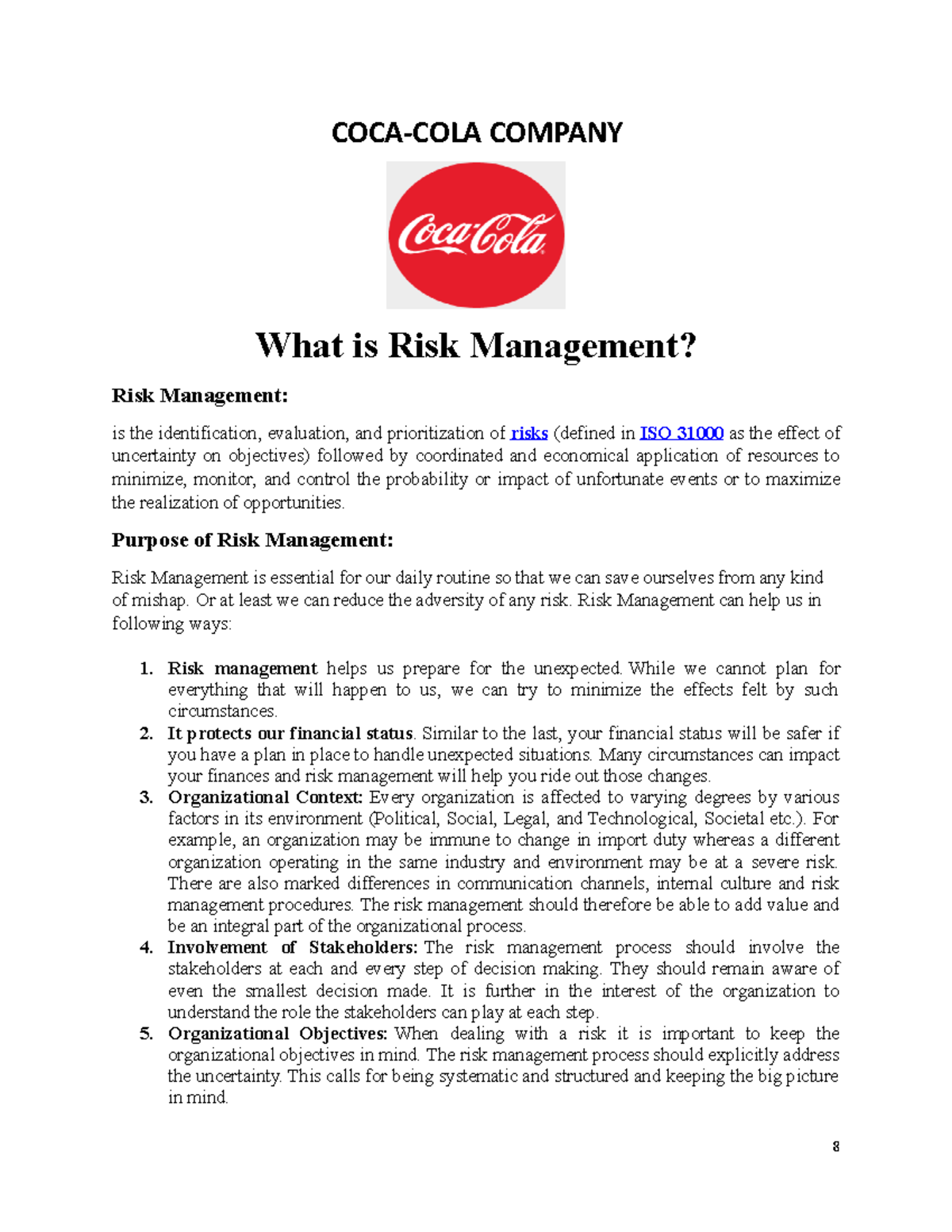 Risk assignment - COCA-COLA COMPANY What is Risk Management? Risk ...