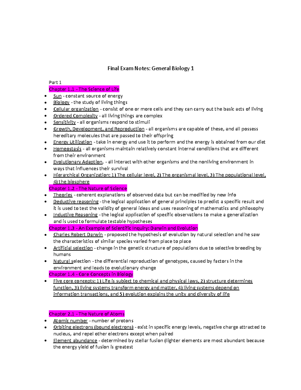 Final exam notes general biology 1 - Final Exam Notes: General Biology ...