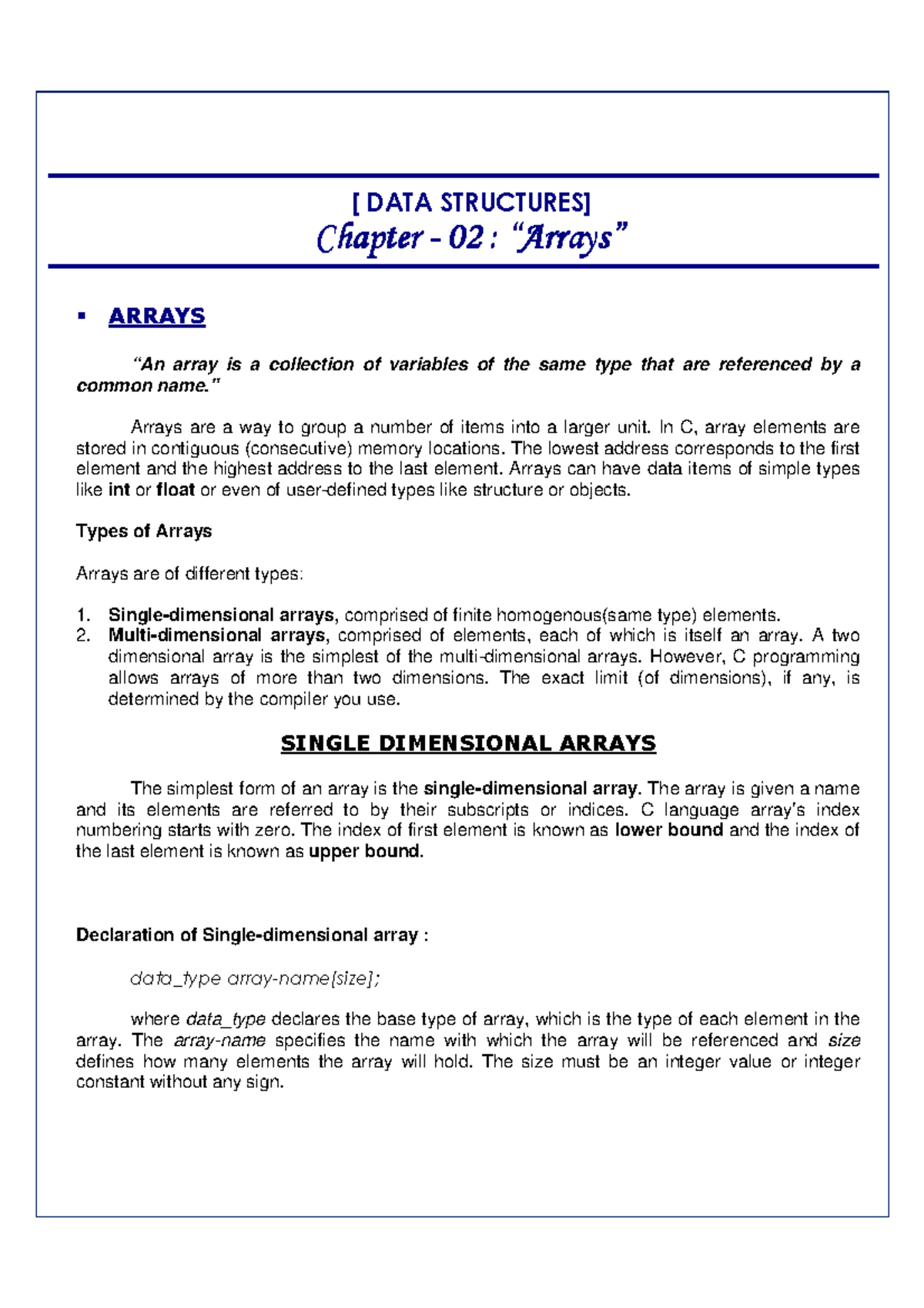 02arrays Arrays Data Structures Chapter Chapter Chapter Chapter