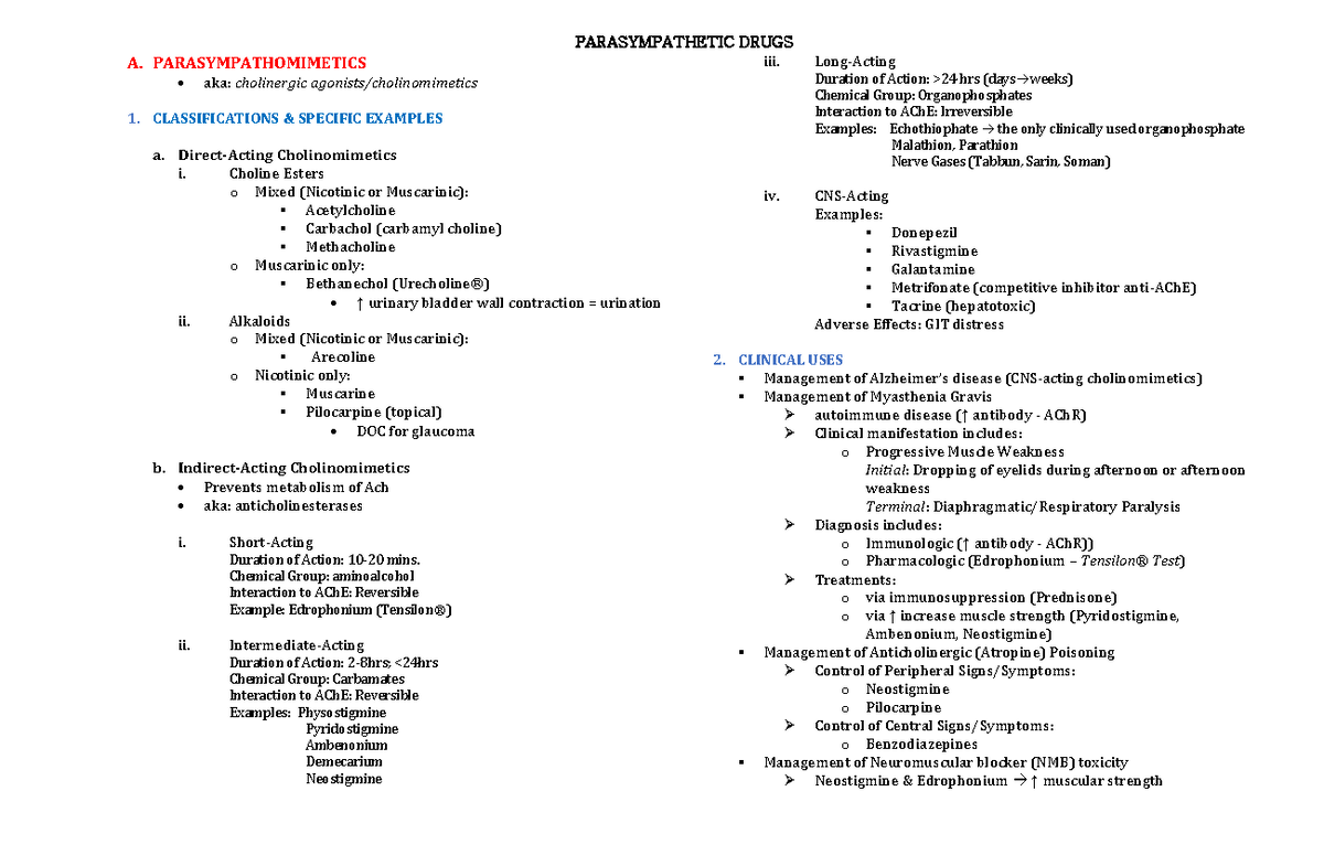 Lecture Handouts on the Parasympathetic Dugs - PARASYMPATHETIC DRUGS A ...