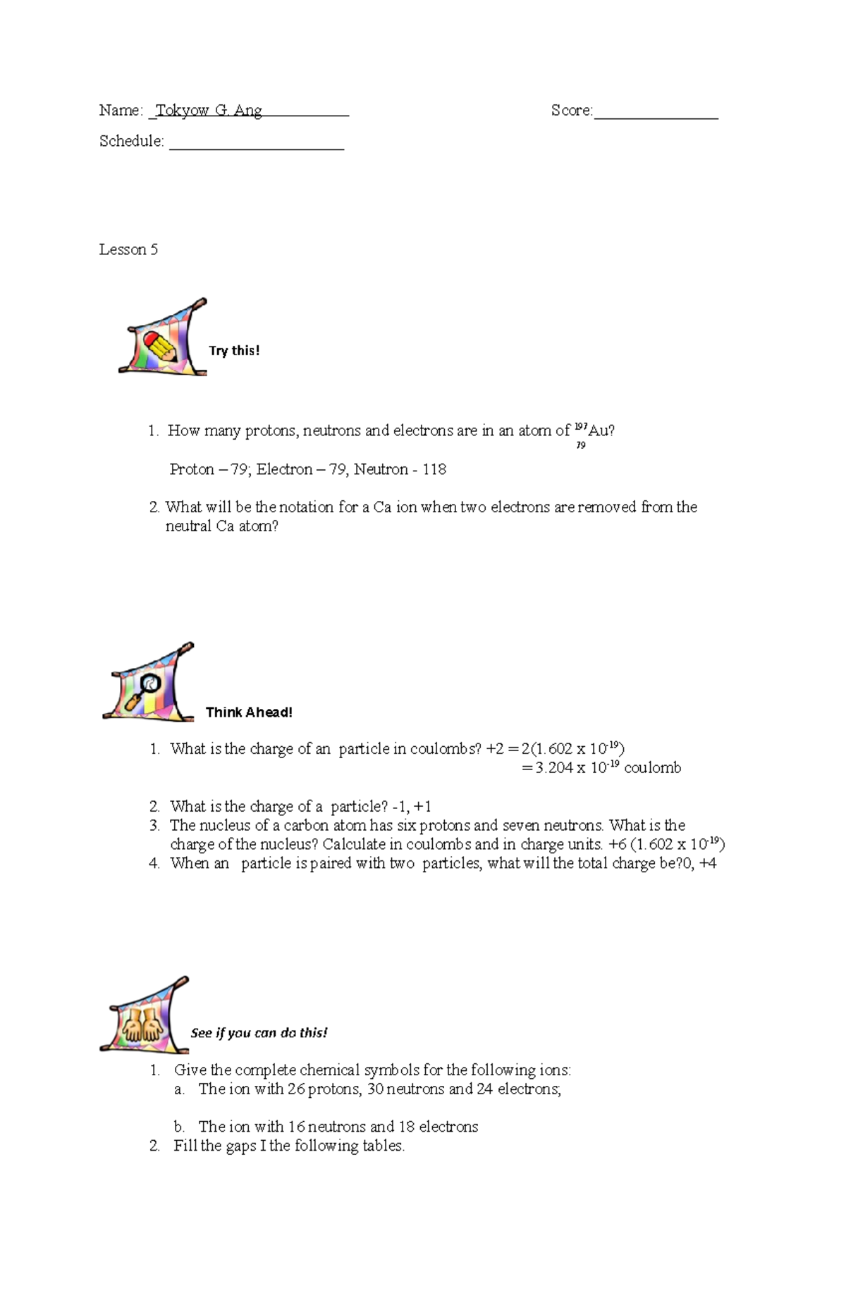 Lessons 1 5 ANSWER KEY OF LESSON 1 5 Name Tokyow G Ang Score