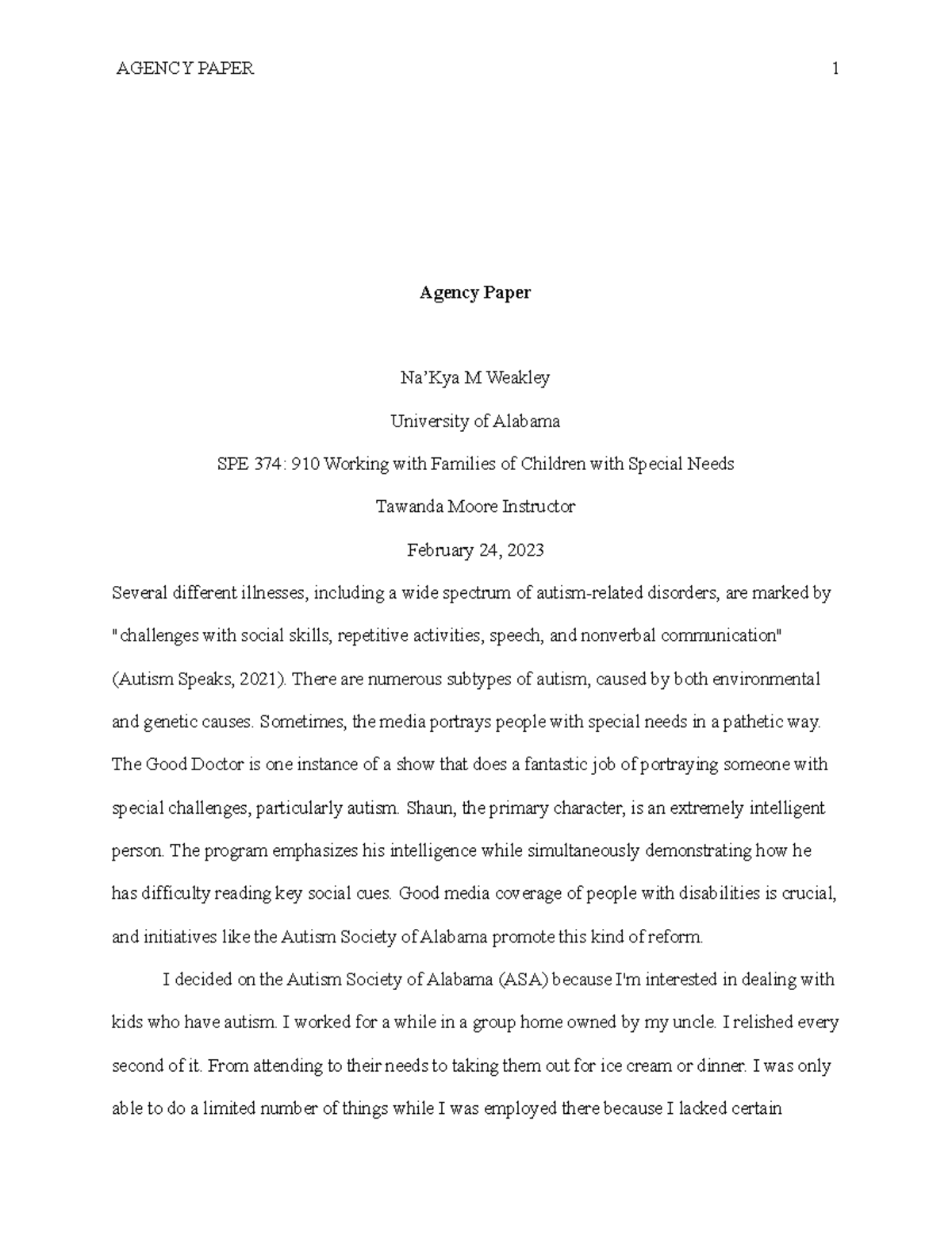 Agency Paper - tewgsgsf - Agency Paper Na’Kya M Weakley University of ...